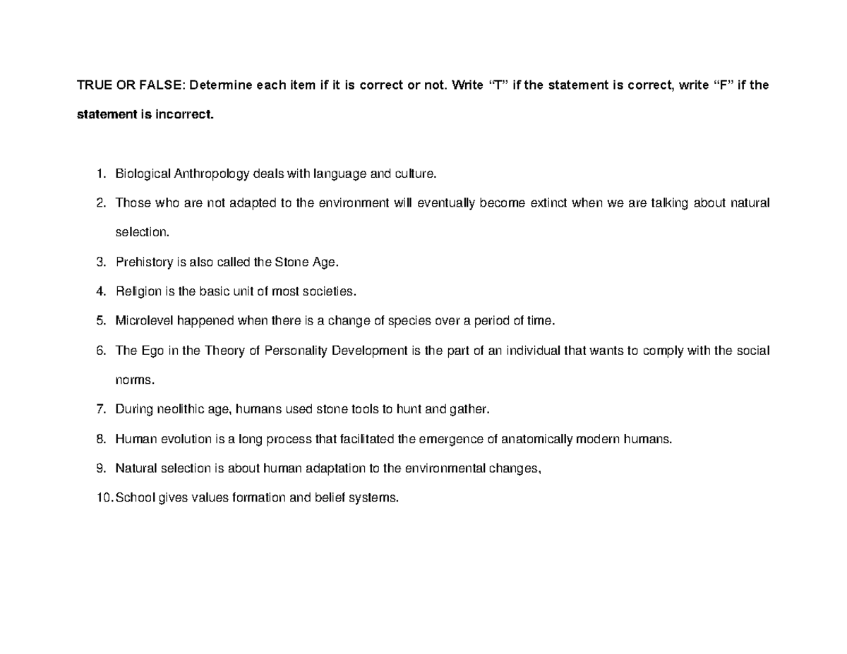 Annotated-annotation - TRUE OR FALSE: Determine each item if it is ...