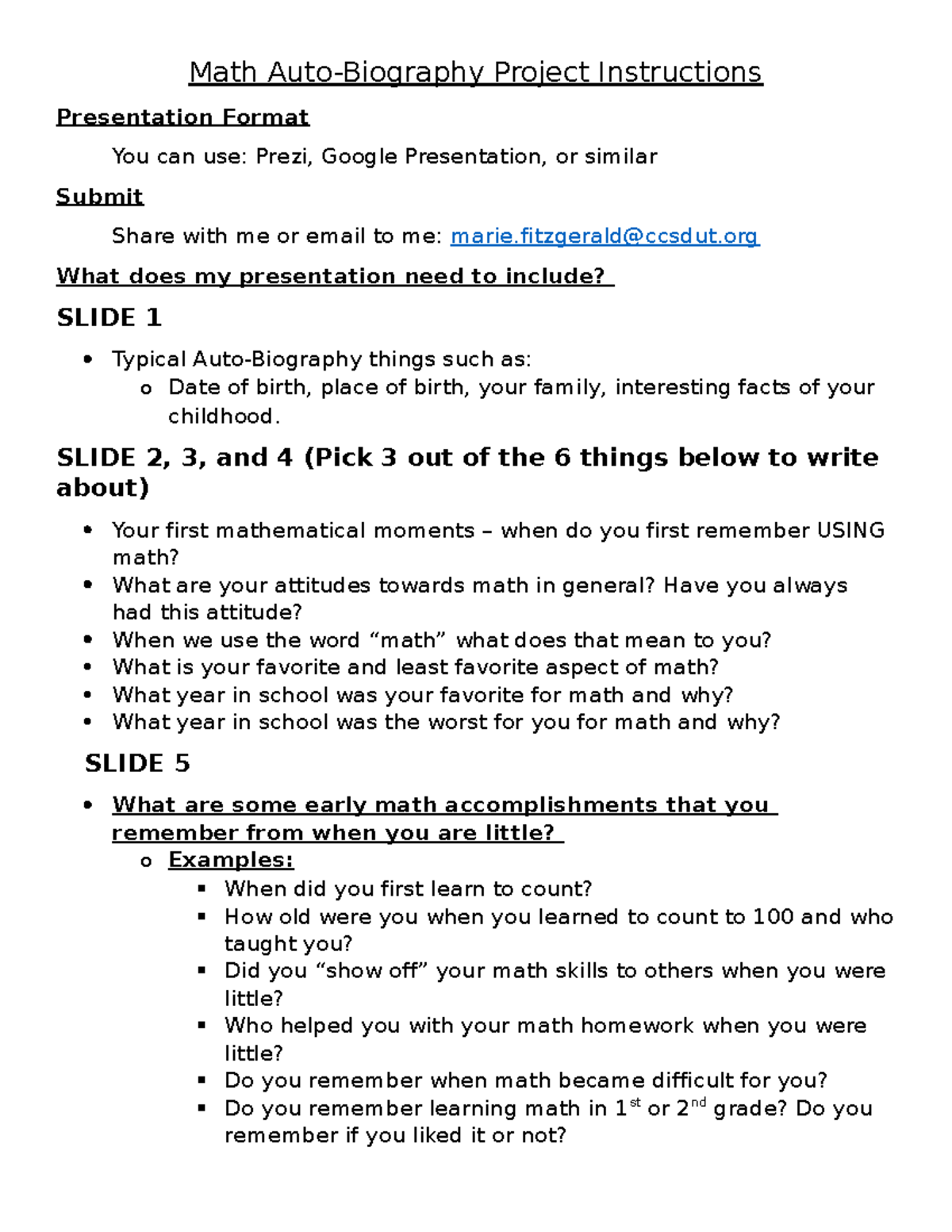 8th Grade Honors Assignment - Math Auto-Biography Project Instructions ...
