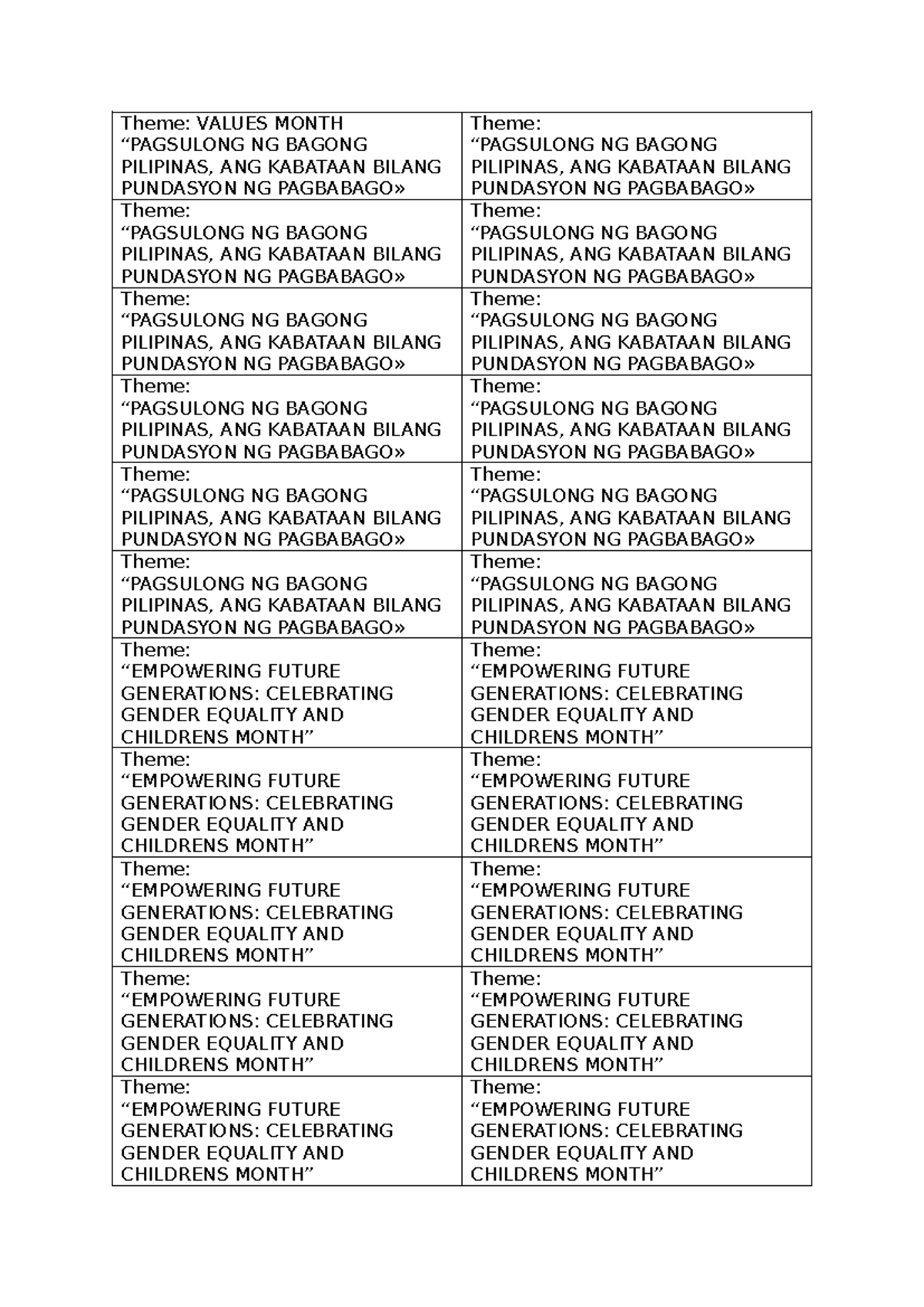 Theme FOR Poster Making Contest Drawlots - Theme: VALUES MONTH ...