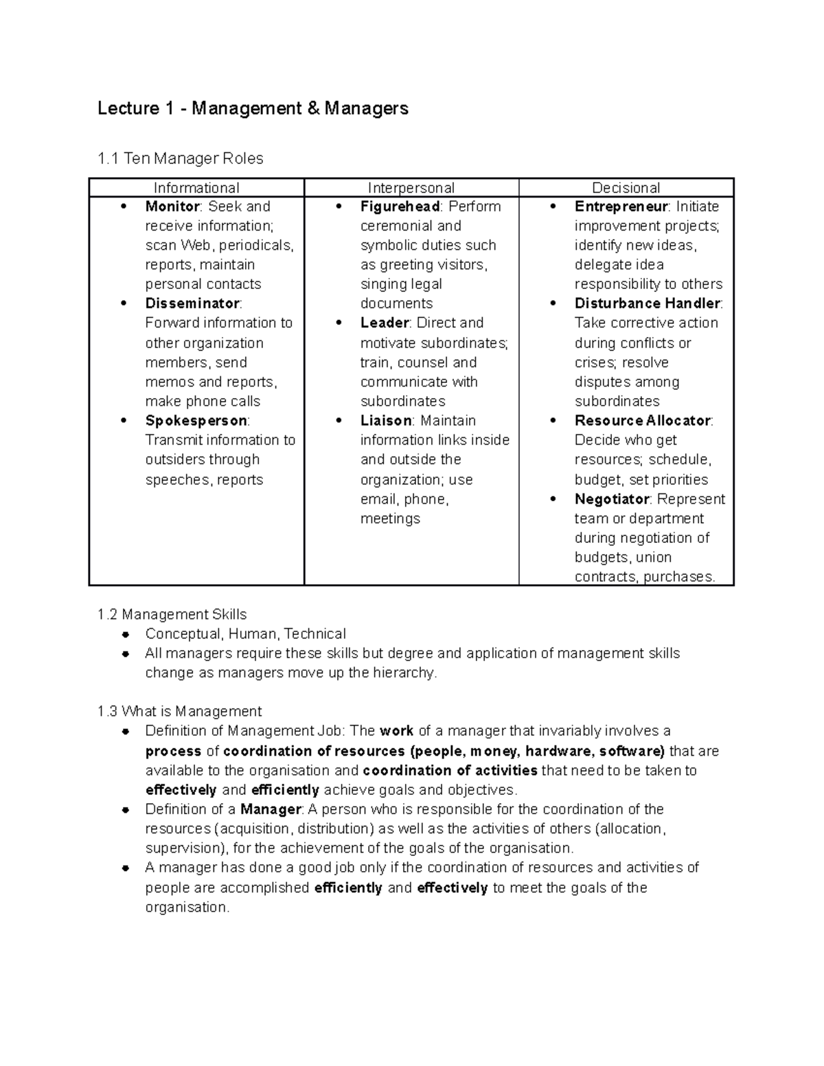 Revision Notes - Lecture 1 - Management & Managers 1 Ten Manager Roles ...