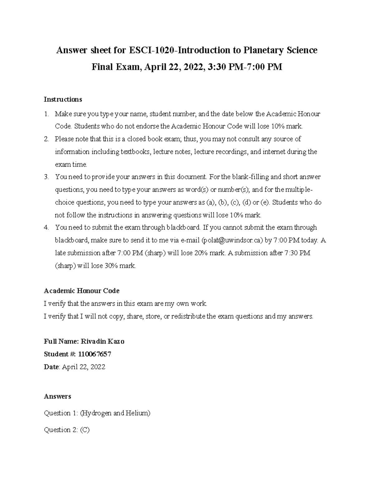 Answer sheet for the final exam - Answer sheet for ESCI-1020 ...