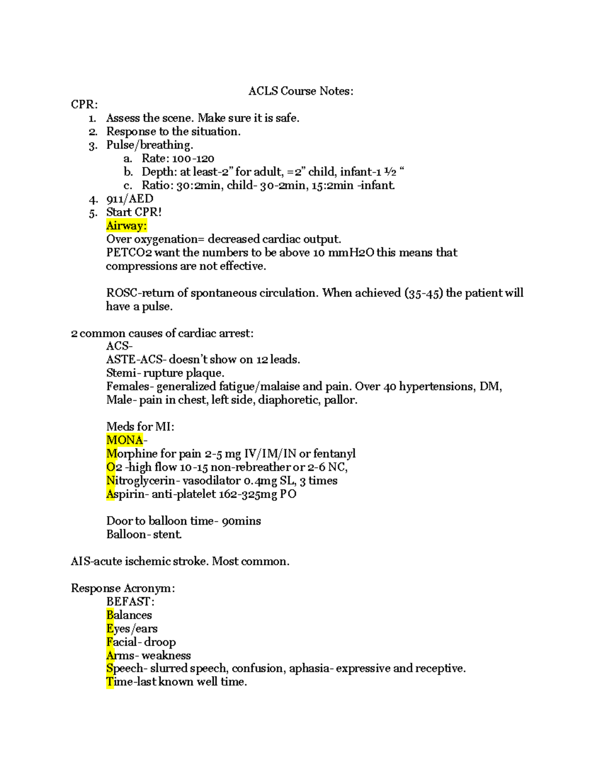 ACLS Course Notes 4.15.2023 Cardiac - ACLS Course Notes: CPR: Assess ...
