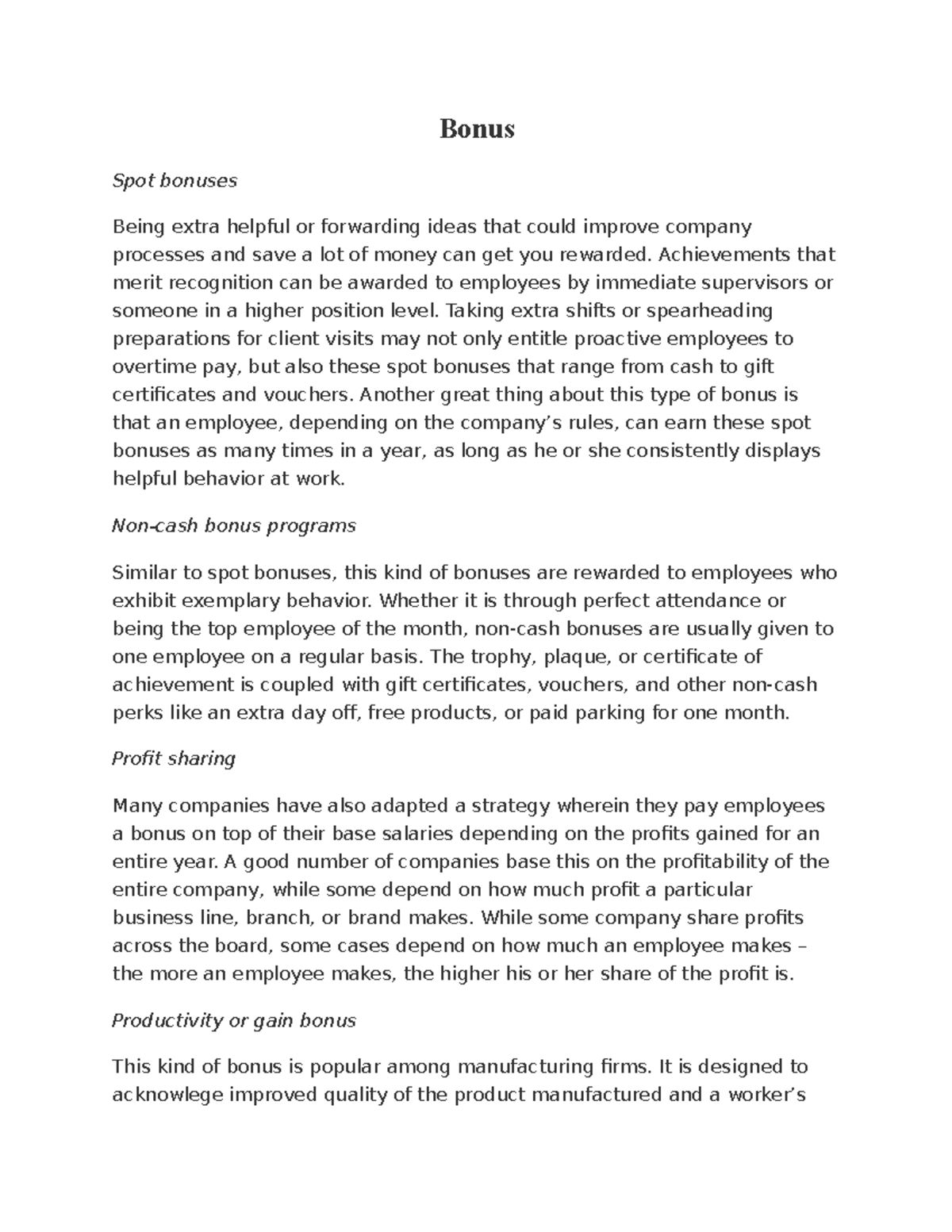 Bonus and incentives - topic - Bonus Spot bonuses Being extra helpful ...