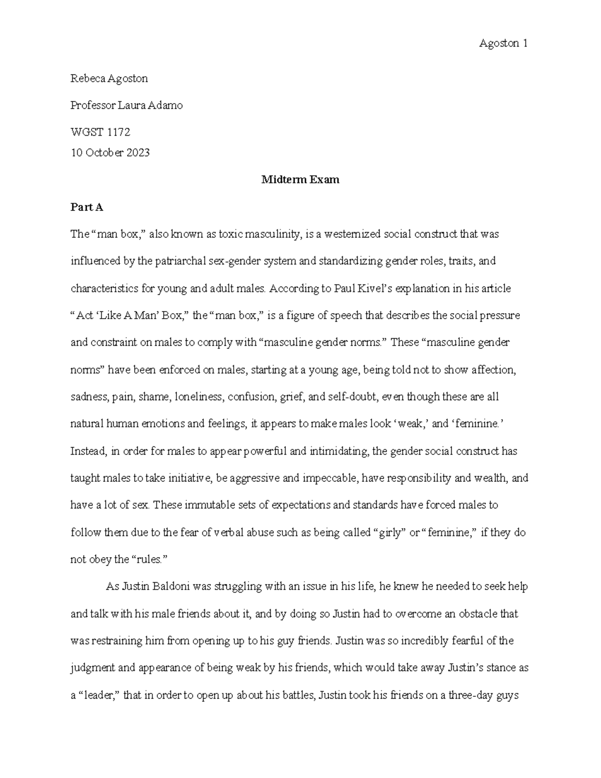 gender studies essay - Rebeca Agoston Professor Laura Adamo WGST 1172 ...