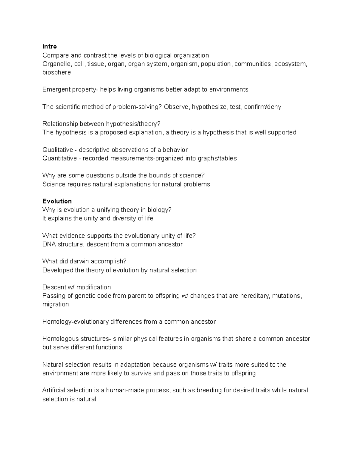 Unit one Bio study guide - intro Compare and contrast the levels of ...