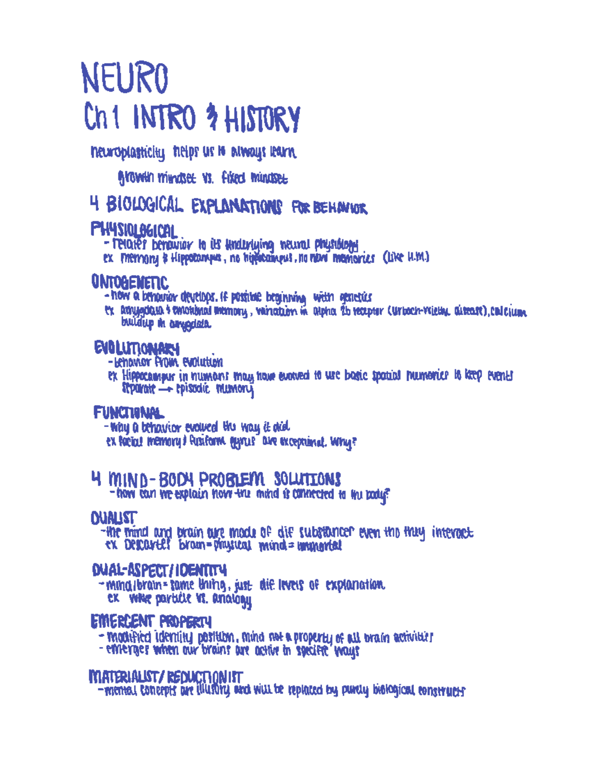 Neuro ch1 notes - NEURO Chi INTRO HISTORY neuroplasticity helpsus to ...