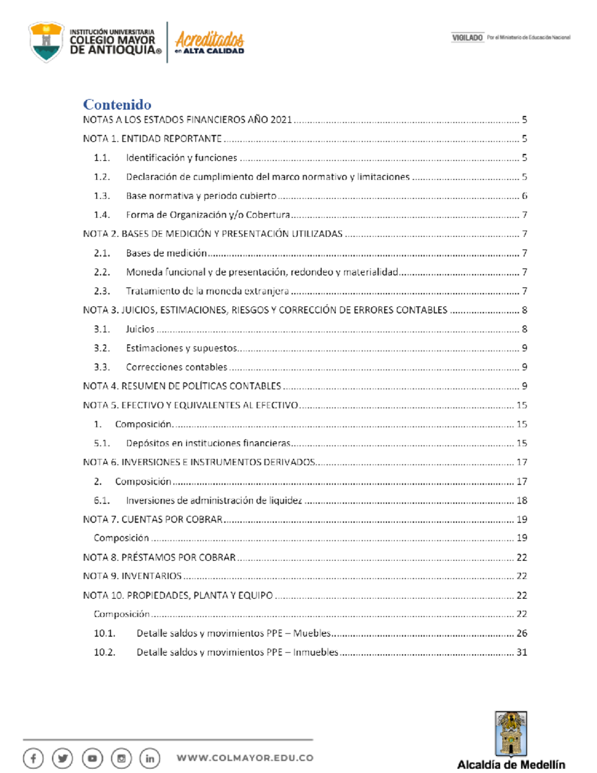Contenido Notas A LOS Estados Financieros AÑO NOTA 1. Entidad ...