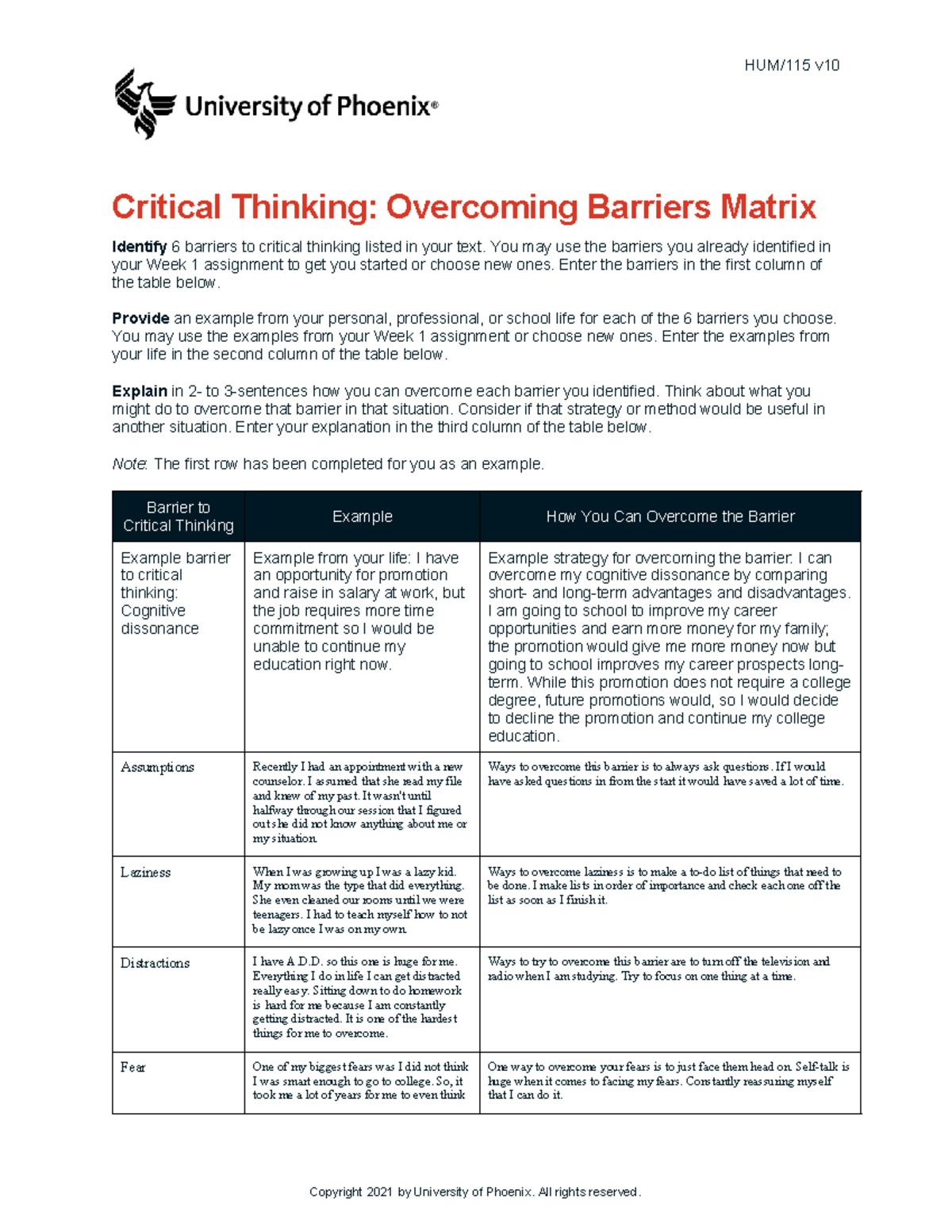 Hum115 v10 wk3 critical thinking overcoming barriers matrix - HUM/115 v ...