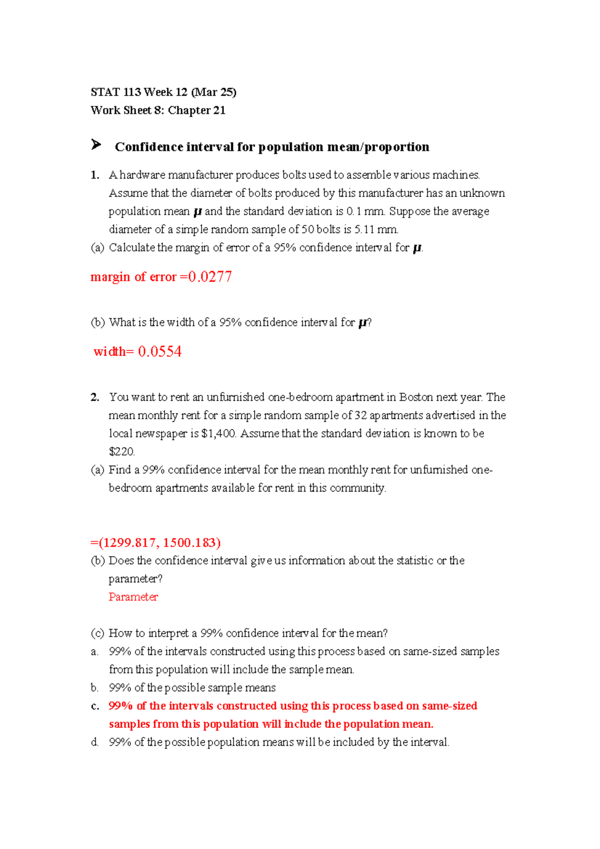 Worksheet 08 chapter 21 key - STAT 113 Week 12 (Mar 25) Work Sheet 8 ...