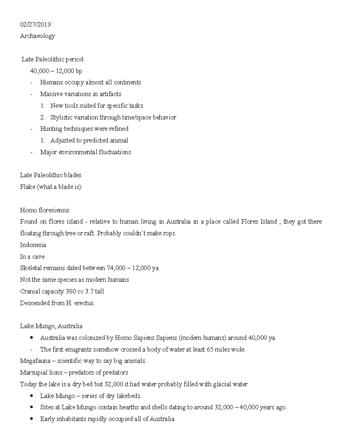 02-27-2019 - Lecture notes 4 - 02/27/2019 Archaeology Late Paleolithic ...