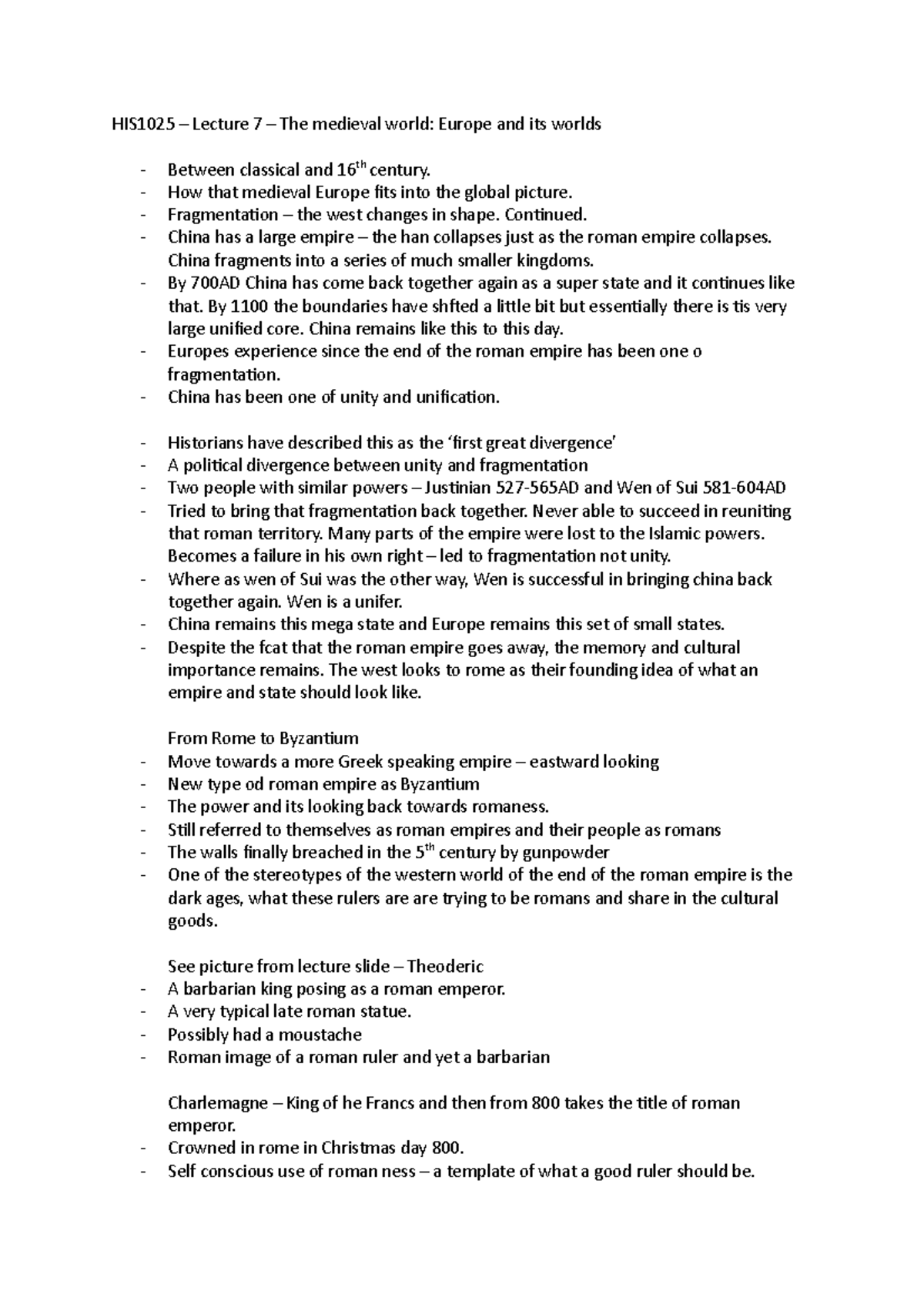 Lecture 7 - HIS1025 – Lecture 7 – The medieval world: Europe and its ...