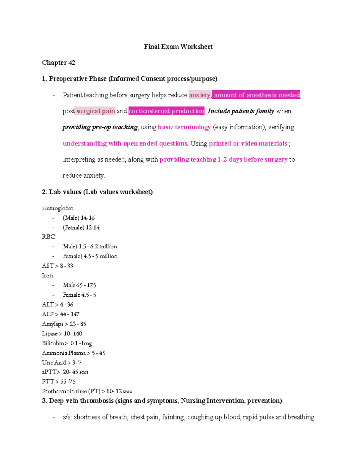 VOCN200 Final WS - hw for medsurg 1 - Final Exam Worksheet Chapter 42 1 ...