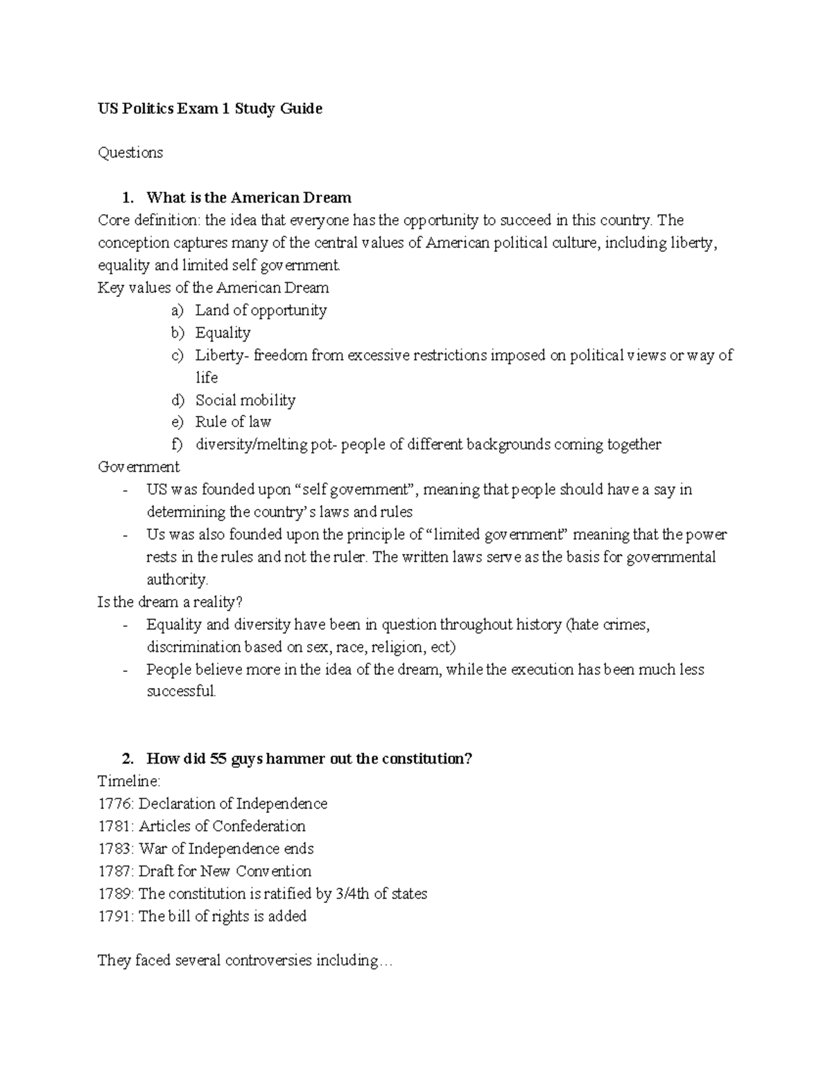 US Politics Exam 1 Study Guide - US Politics Exam 1 Study Guide ...