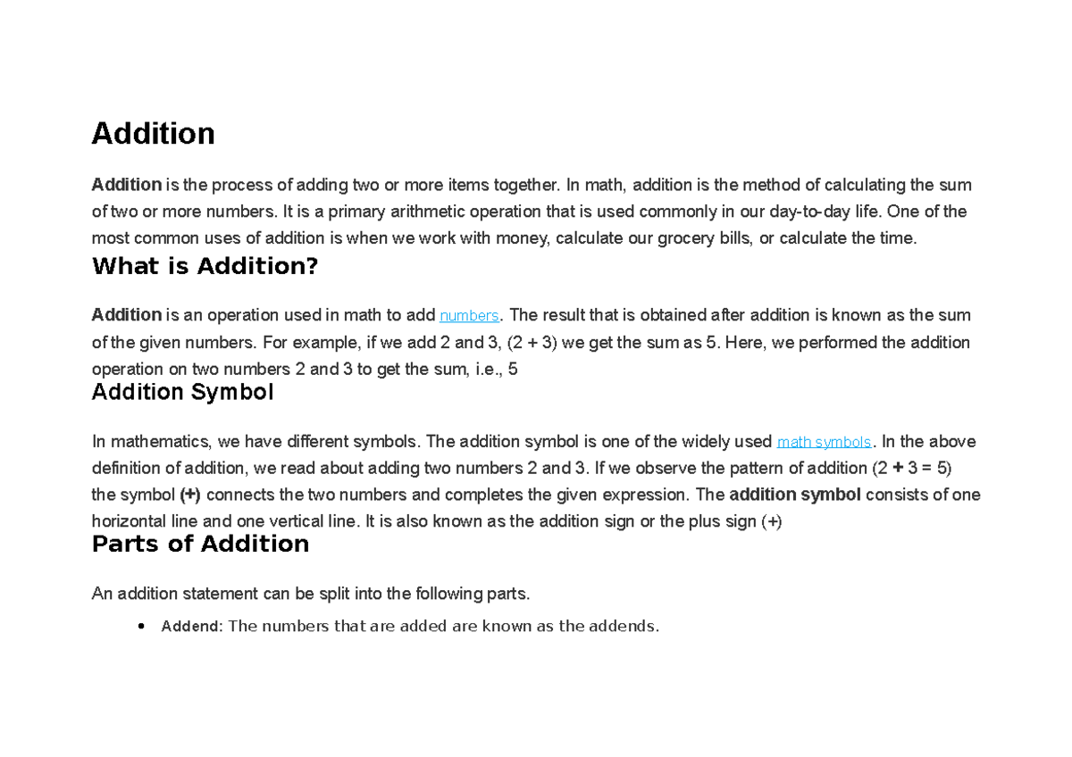 Addition - for educational purpose - Addition Addition is the process ...