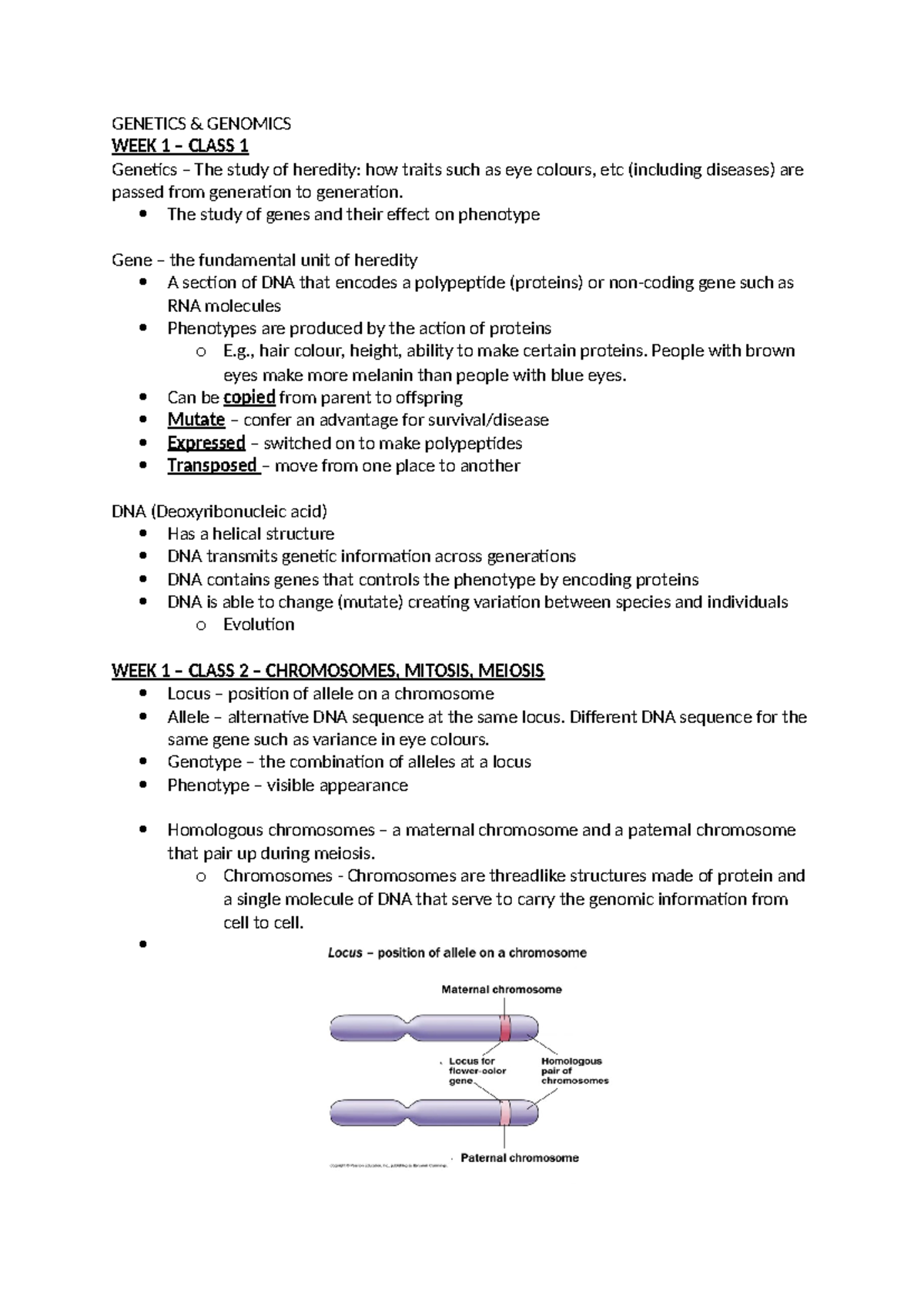 Genes notes - GENETICS & GENOMICS WEEK 1 – CLASS 1 Genetics – The study ...