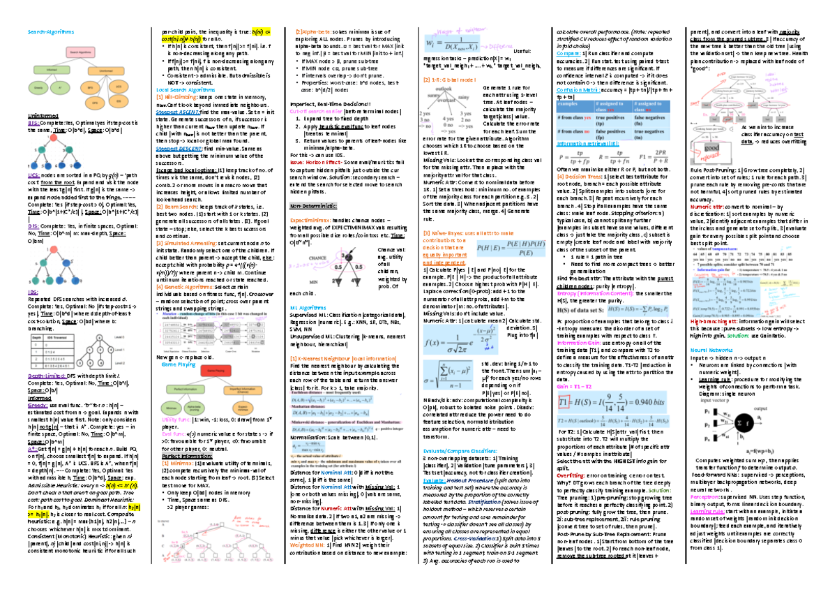 COMP3308 Cheat-Sheet - Achieved a Distinction using this cheat sheet ...