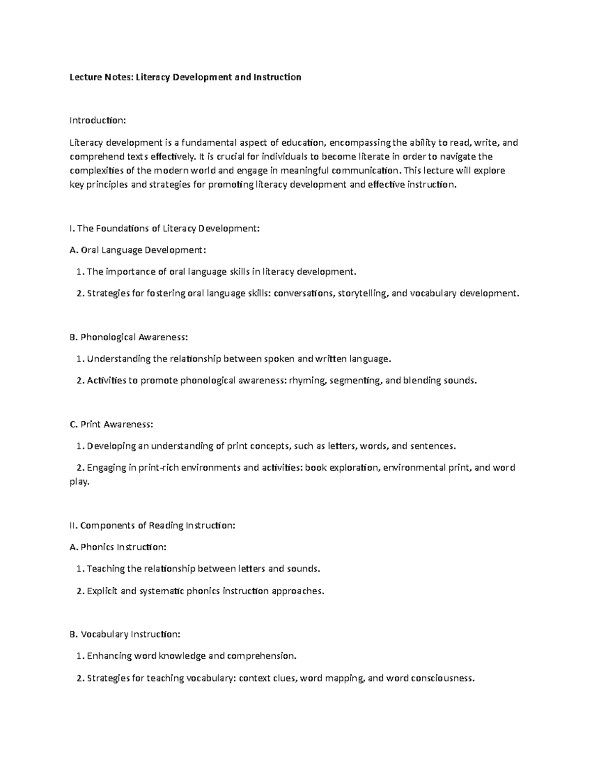 Lecture Notes: Literacy Development and Instruction - Lecture Notes ...