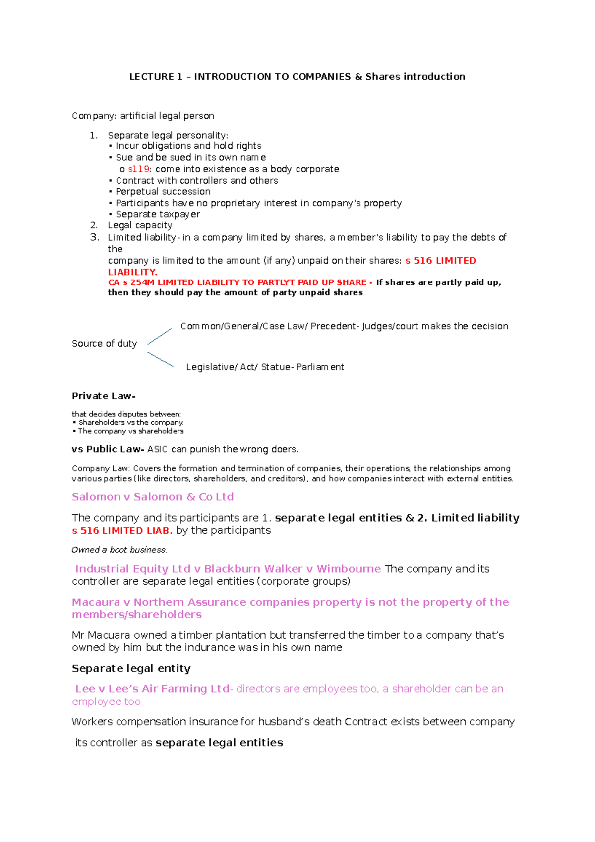 Introduction- company law, shares - Lecture 1 - LECTURE 1 ...
