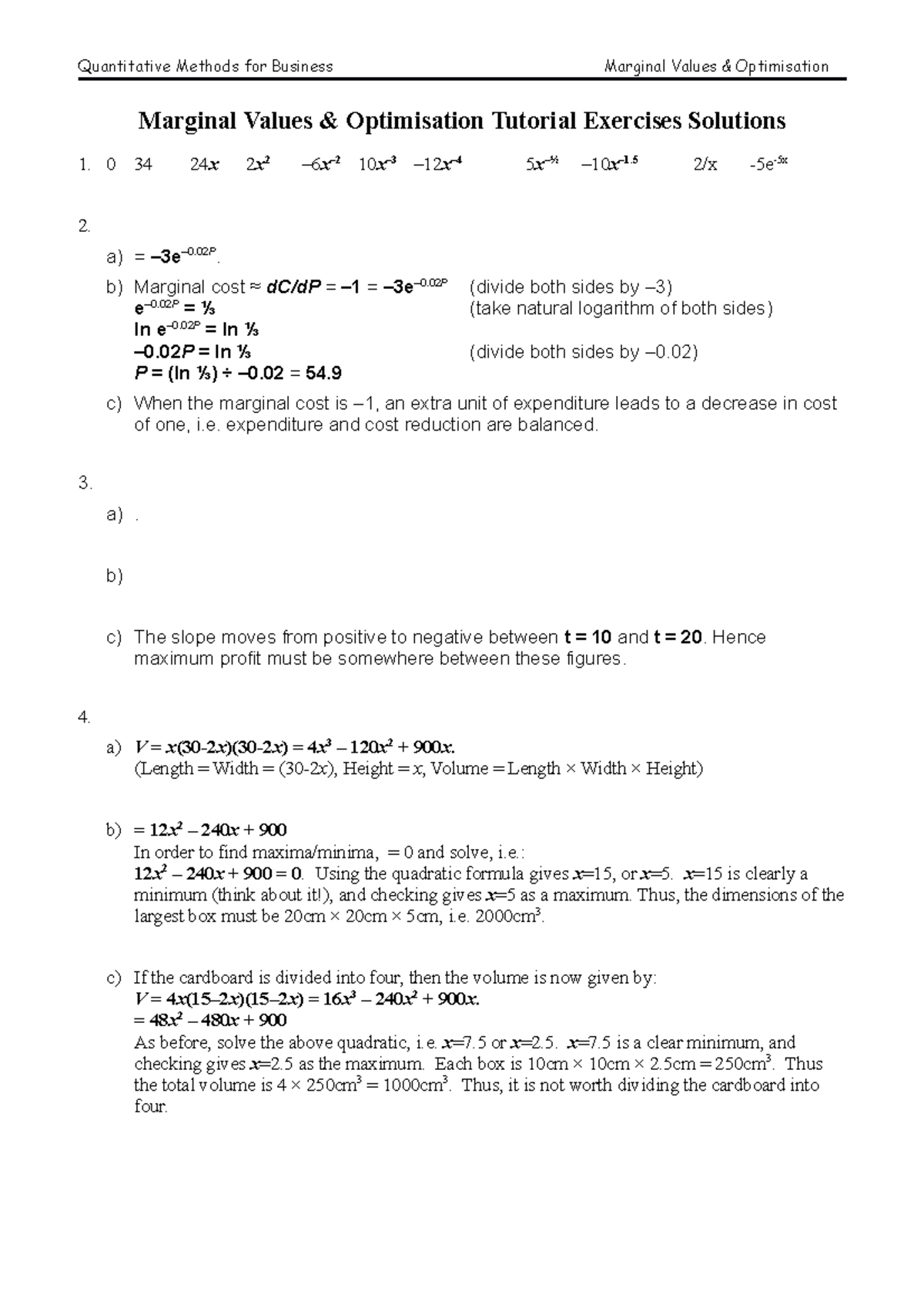 Bus Calc Tutorial Ans - Quantitative Methods for Business Marginal Values & Optimisation - Studocu