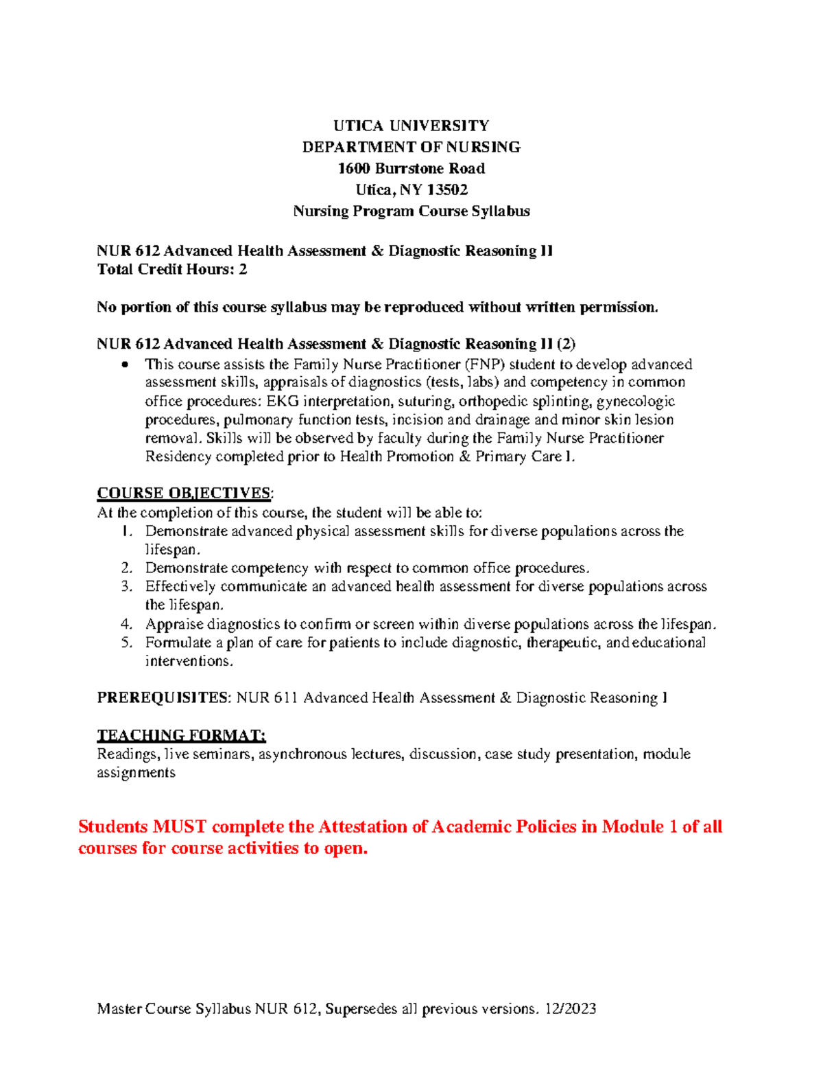 NUR 612 Master Syllabus - UTICA UNIVERSITY DEPARTMENT OF NURSING 1600 ...