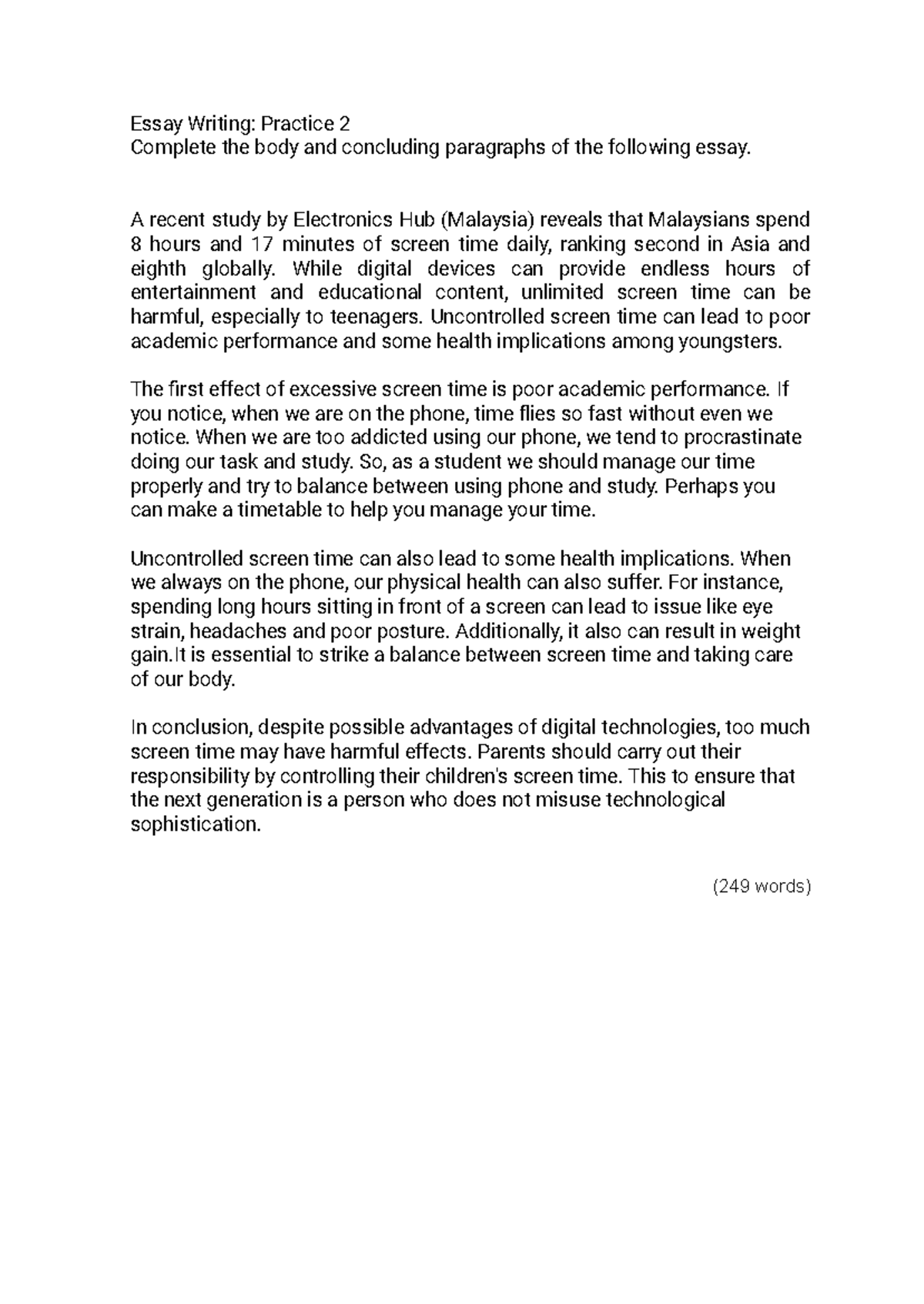 - Essay Writing Practice 2 - Essay Writing: Practice 2 Complete the ...