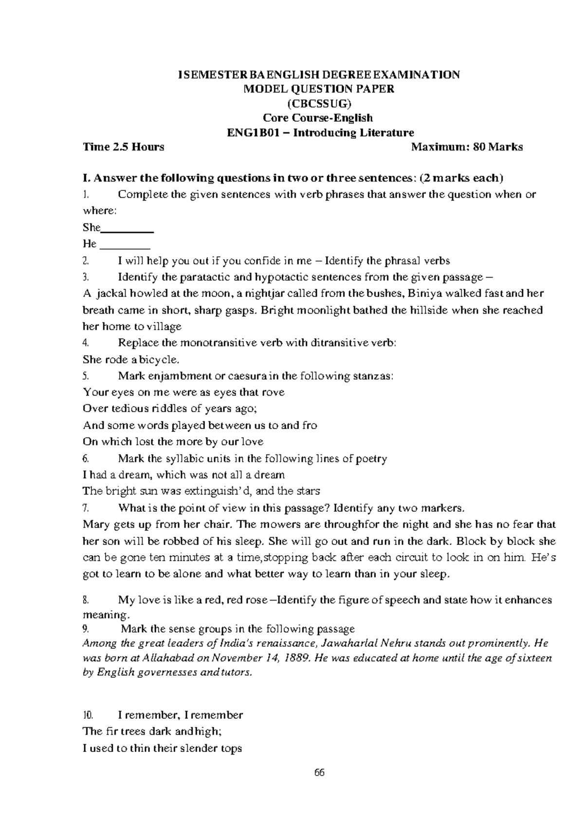 ModelQuestion paper - I SEMESTER BA ENGLISH DEGREE EXAMINATION MODEL ...