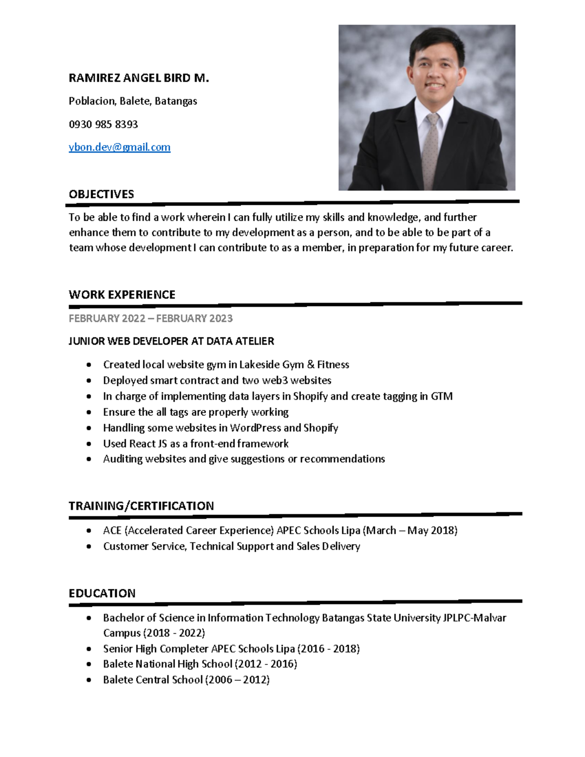 Resume - RAMIREZ ANGEL BIRD M. Poblacion, Balete, Batangas 0930 985 ...
