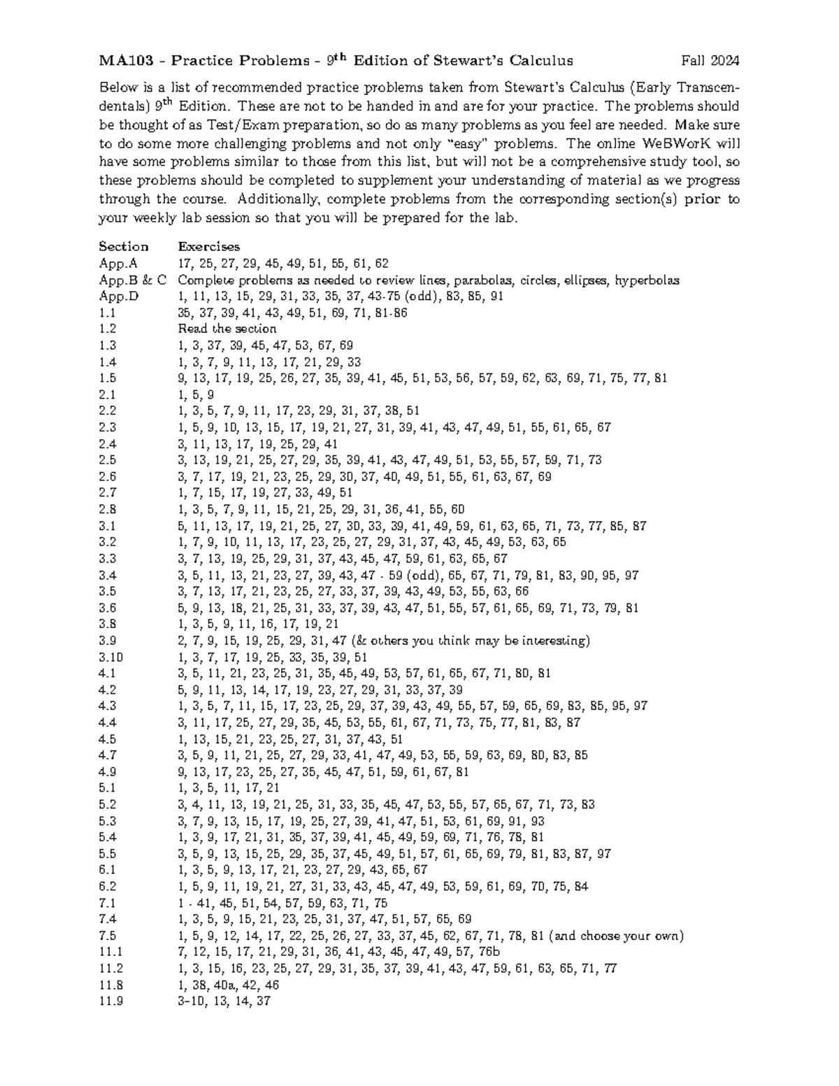 Practice problems 9th Ed1 - MA103 - Practice Problems - 9 th Edition of Stewart’s Calculus Fall ...