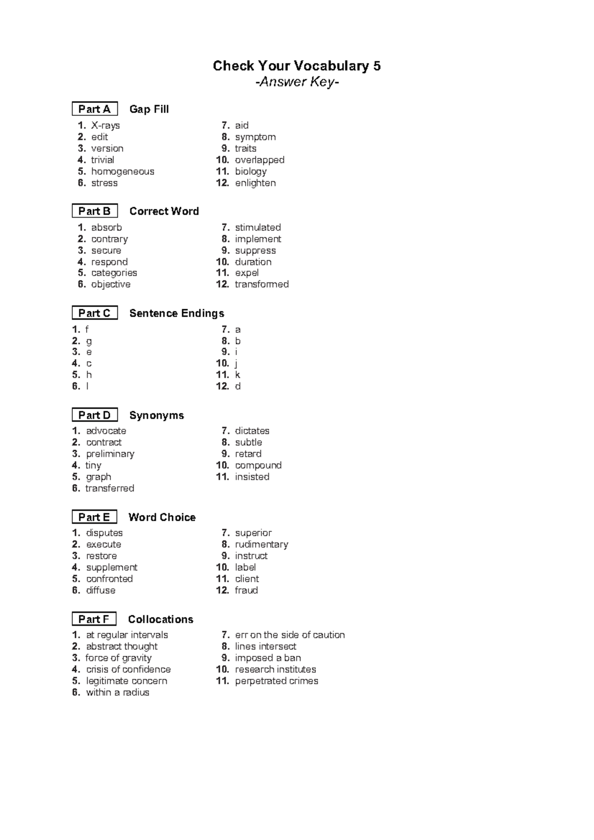 Check Your Vocabulary 5 [Ans. Key] - Check Your Vocabulary 5 -Answer ...