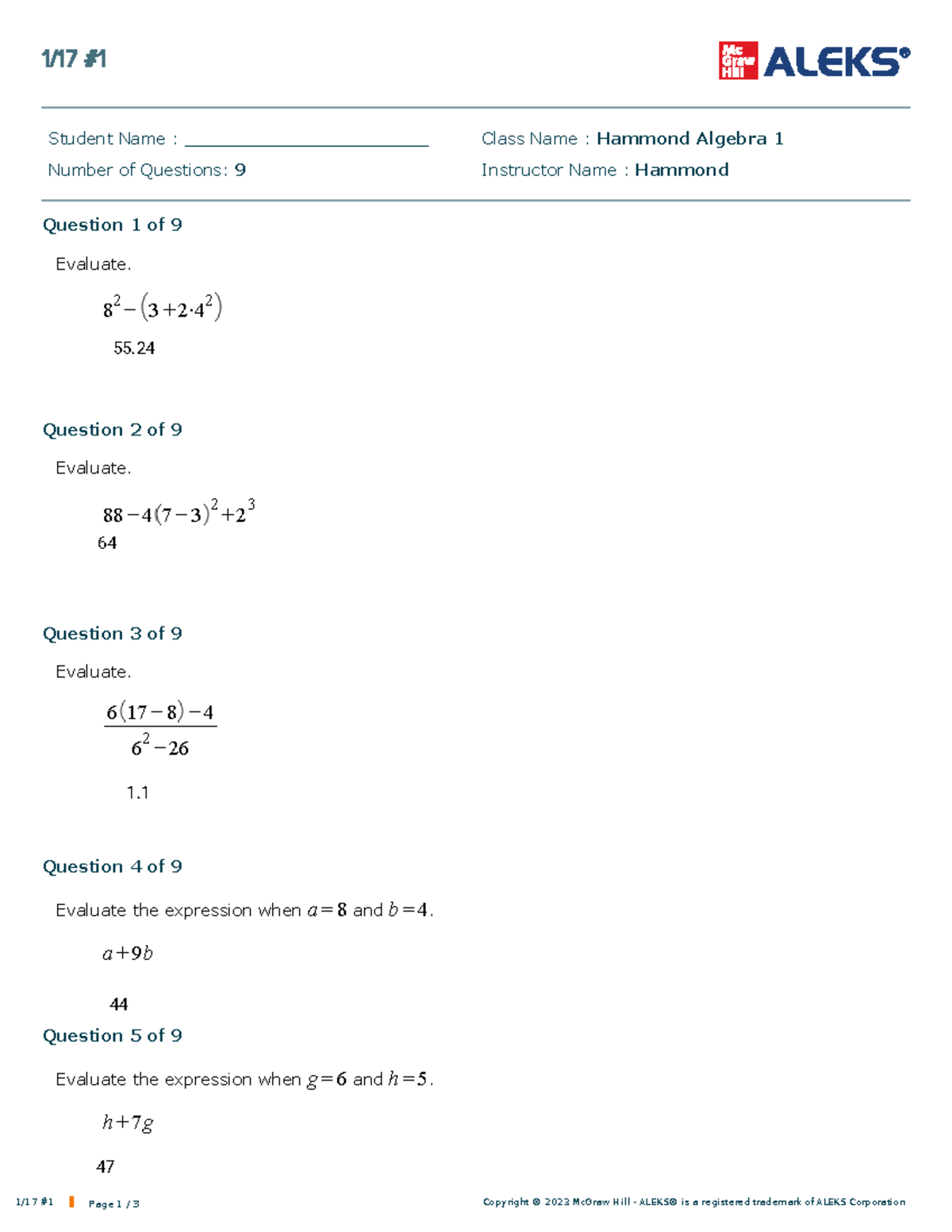 Spencer Dickson - Alg 1 1-17 - 1/17 #1 Page 1 / 3 Copyright © 2023 ...