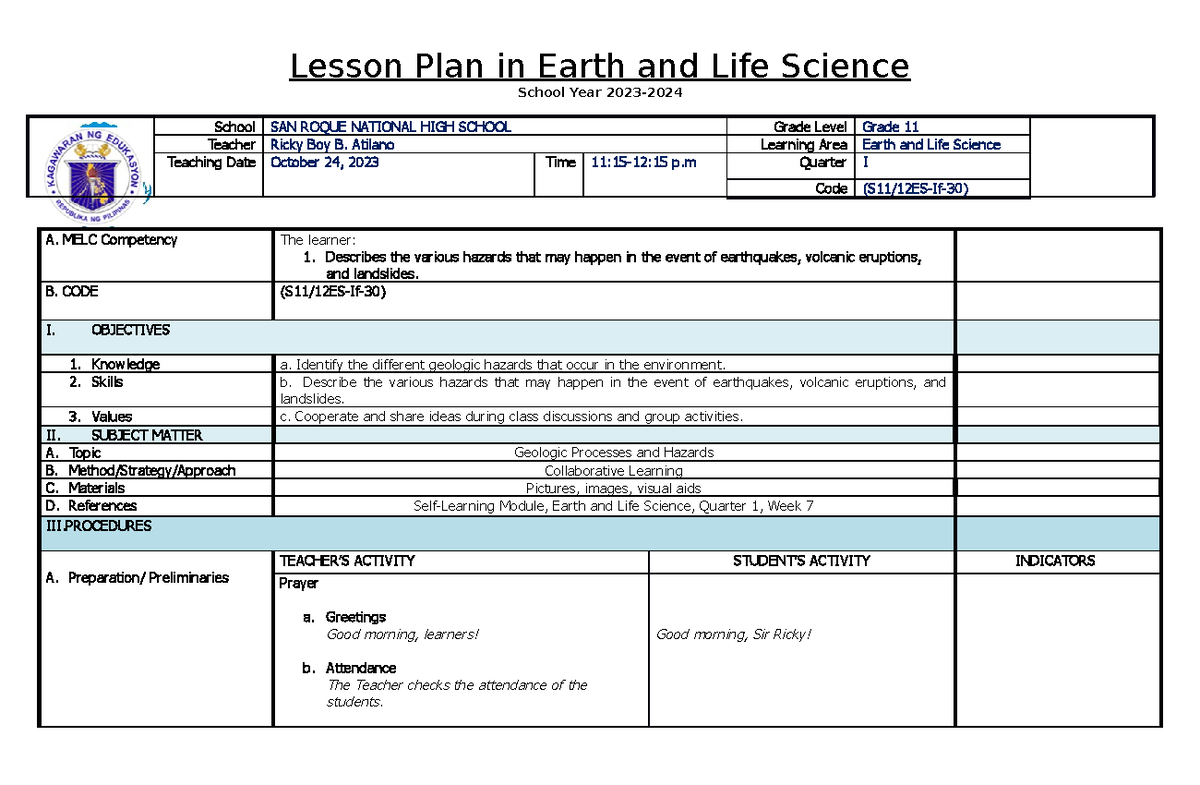 Lesson Plan in Earth and Life Science Quarter 1 - Lesson Plan in Earth ...