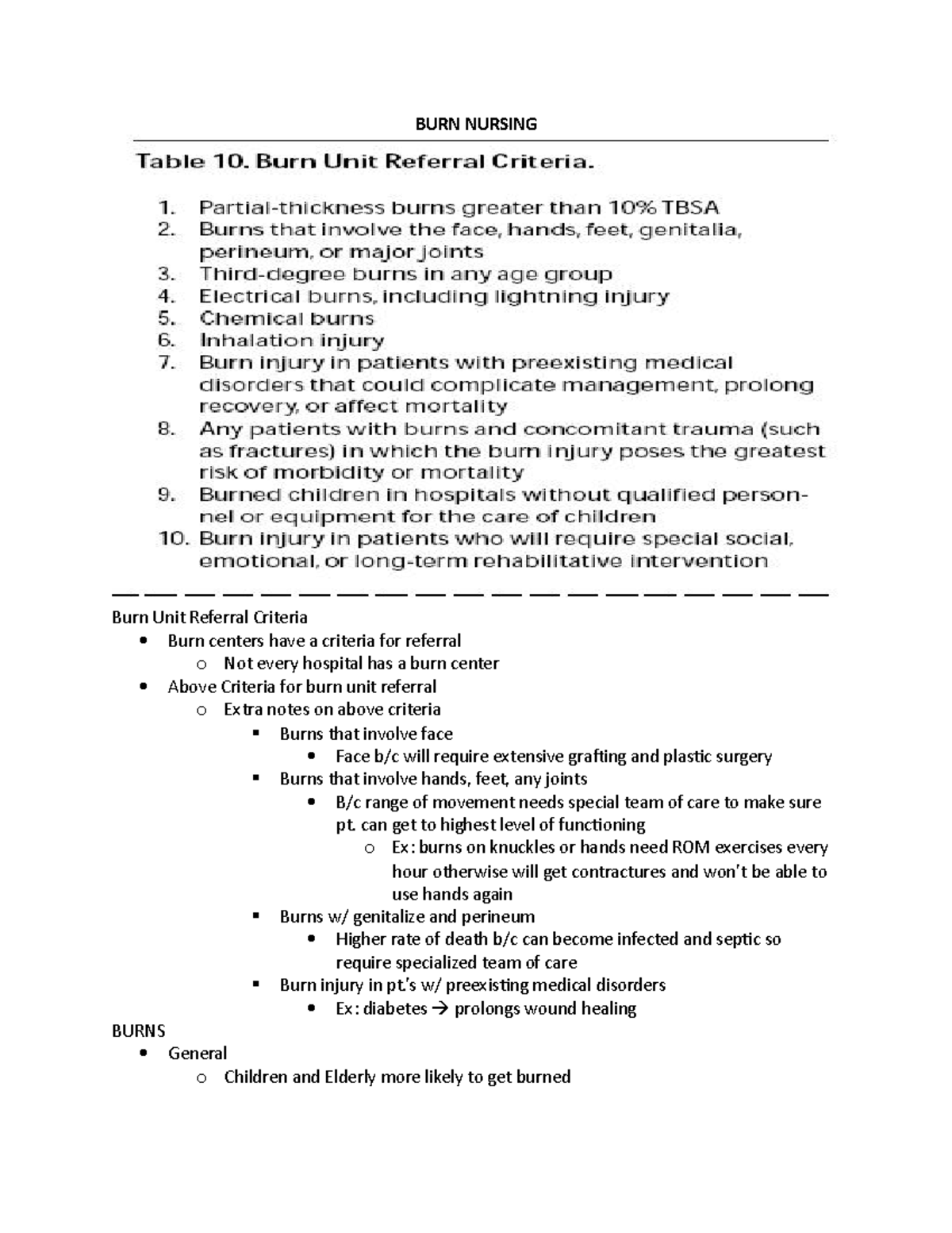 N297 Burns Lecture Notes - BURN NURSING Burn Unit Referral Criteria ...