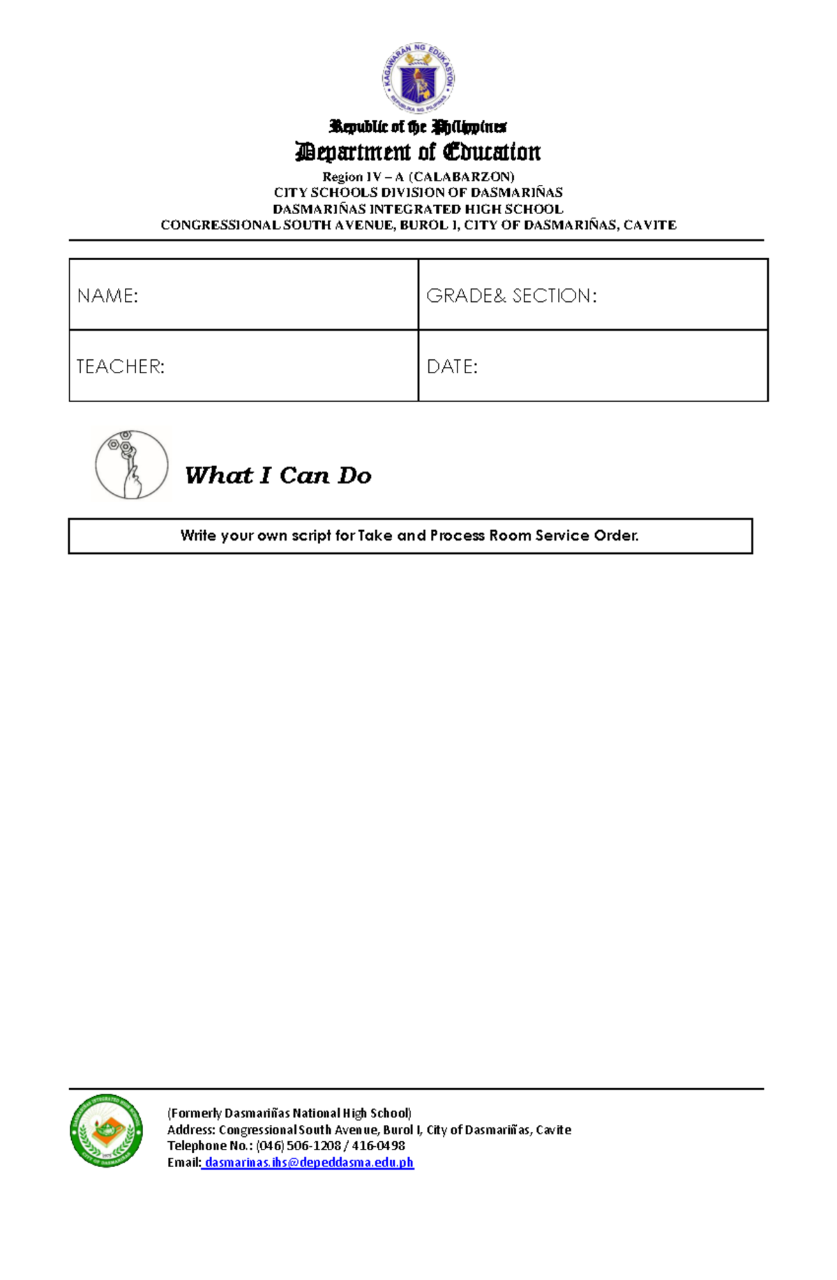 FBS 2 ROOM Service Order - Republic of the Philippines Department of ...