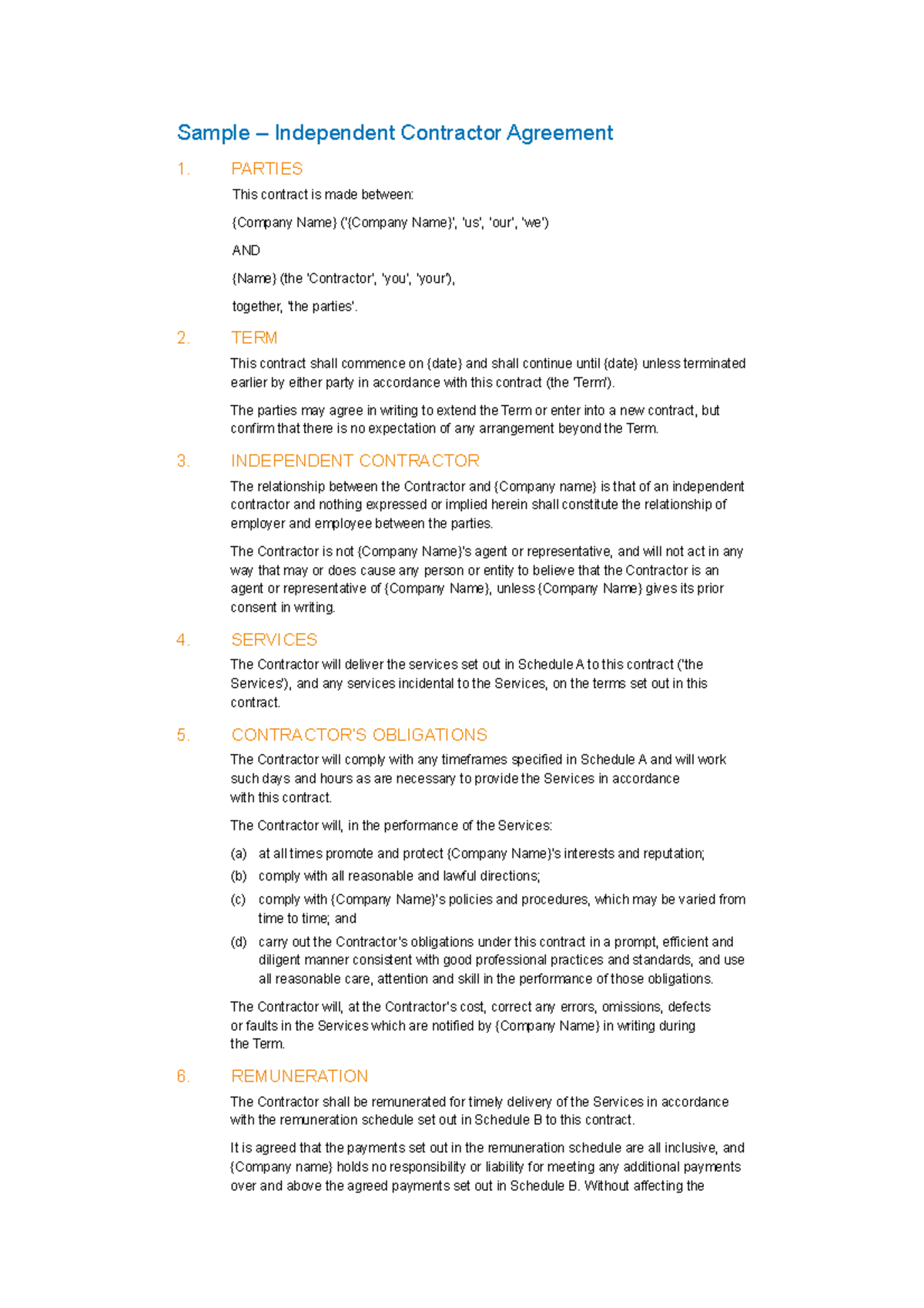 Sample independent contractor agreement - Sample – Independent ...