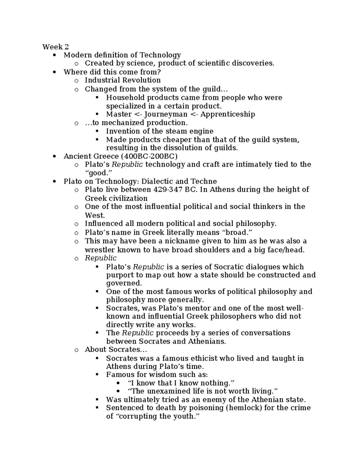 POLS 4420 Notes - Week 2 Modern definition of Technology o Created by ...