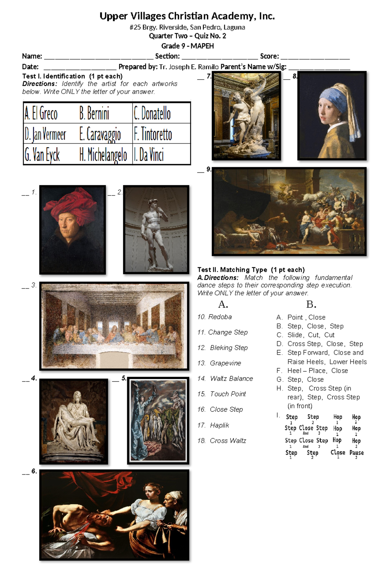 Q2 Mapeh 9 Quiz 2 - assessment - Upper Villages Christian Academy, Inc ...