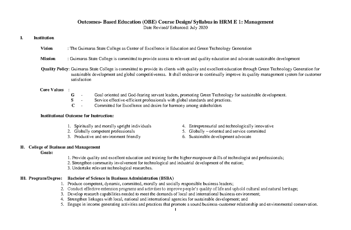 Course Syllabus Management Rev 1 - Outcomes- Based Education (OBE ...