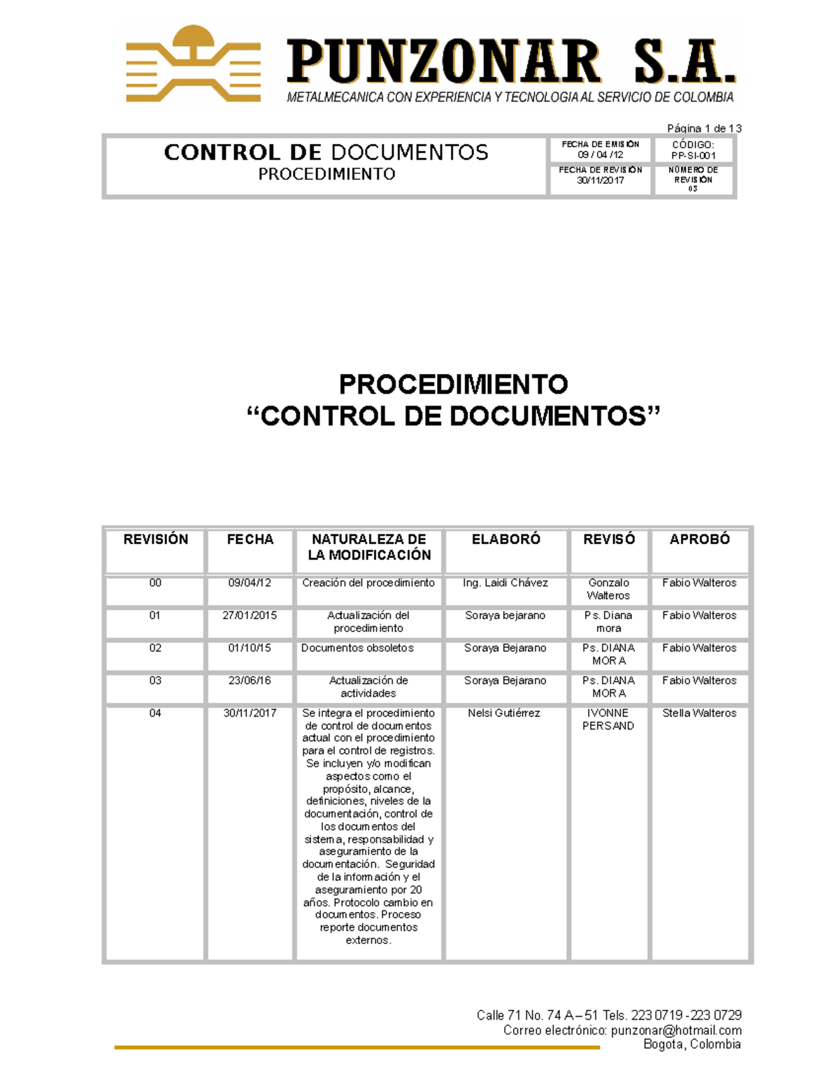 PP-SI-001- Procedimiento DE Control DE Documentos - CONTROL DE DOCUMENTOS PROCEDIMIENTO FECHA DE ...