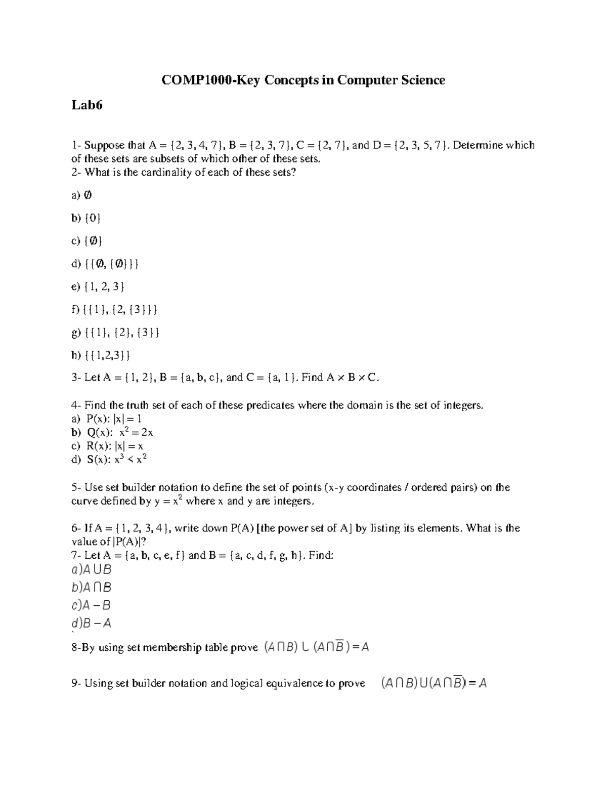 Lab6 Lab Comp1000 Key Concepts In Computer Science Lab 1 Suppose That A 2 3 4 7 B