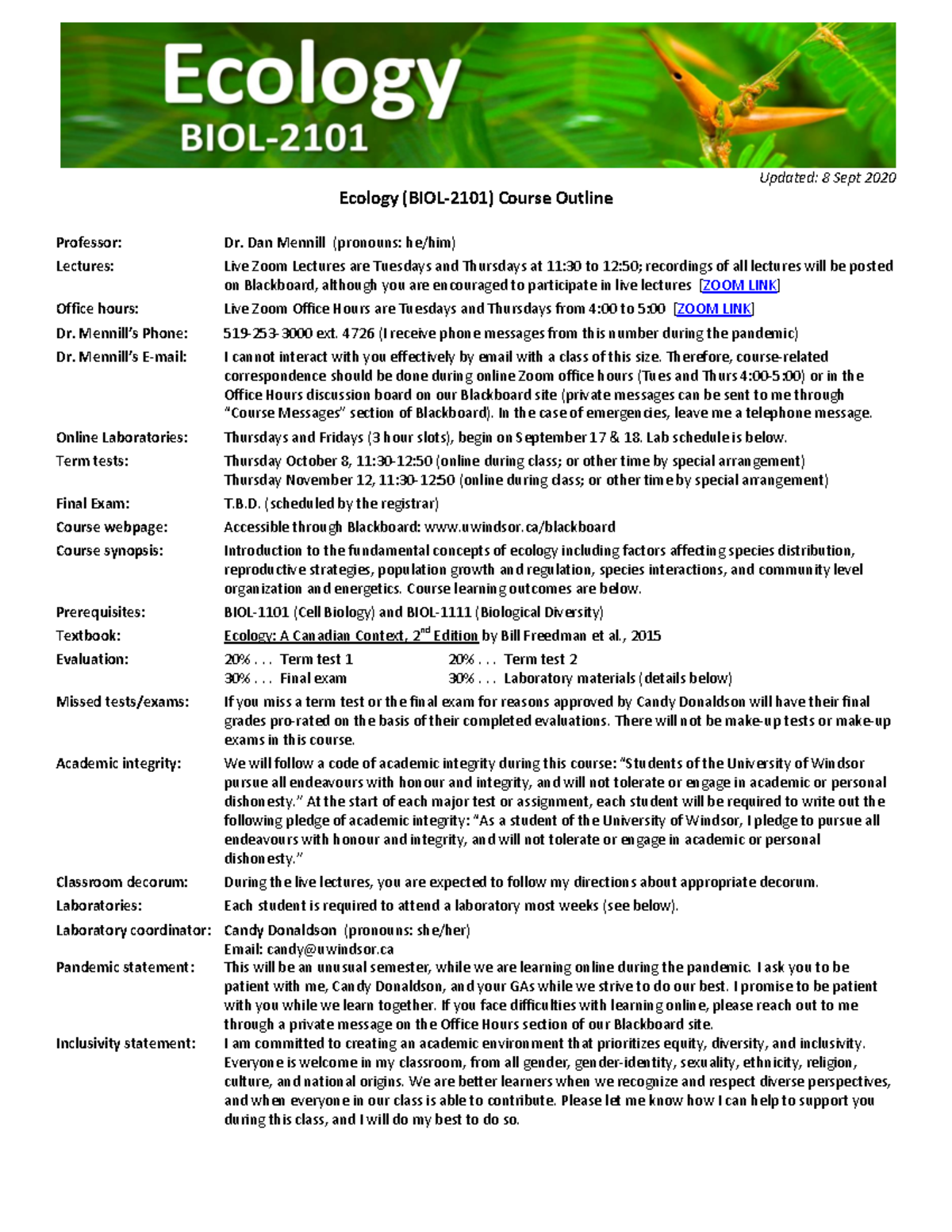 Ecology Course Outline 2020 V11 - Updated: 8 Sept 2020 Ecology (BIOL ...
