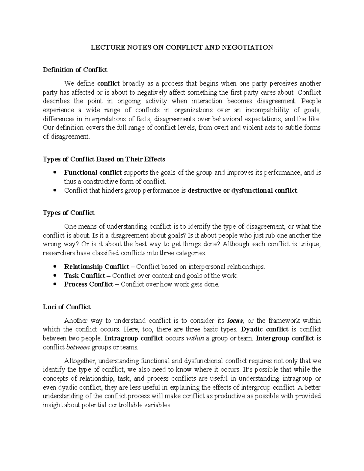 HUMAN BEHAVIOR IN ORGANIZATION C12: Lecture Notes on Conflict and ...