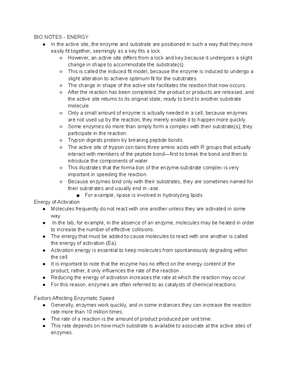 BIO Notes - Energy - BIO NOTES - ENERGY In the active site, the enzyme ...