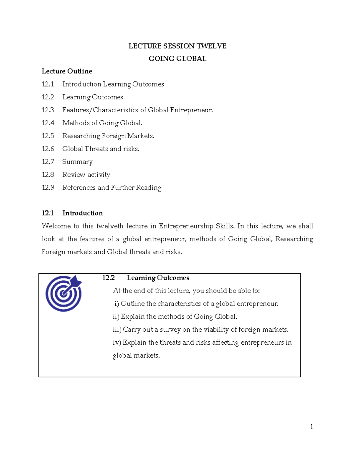 Lecture Session Twelve - LECTURE SESSION TWELVE GOING GLOBAL Lecture Outline 12 Introduction ...