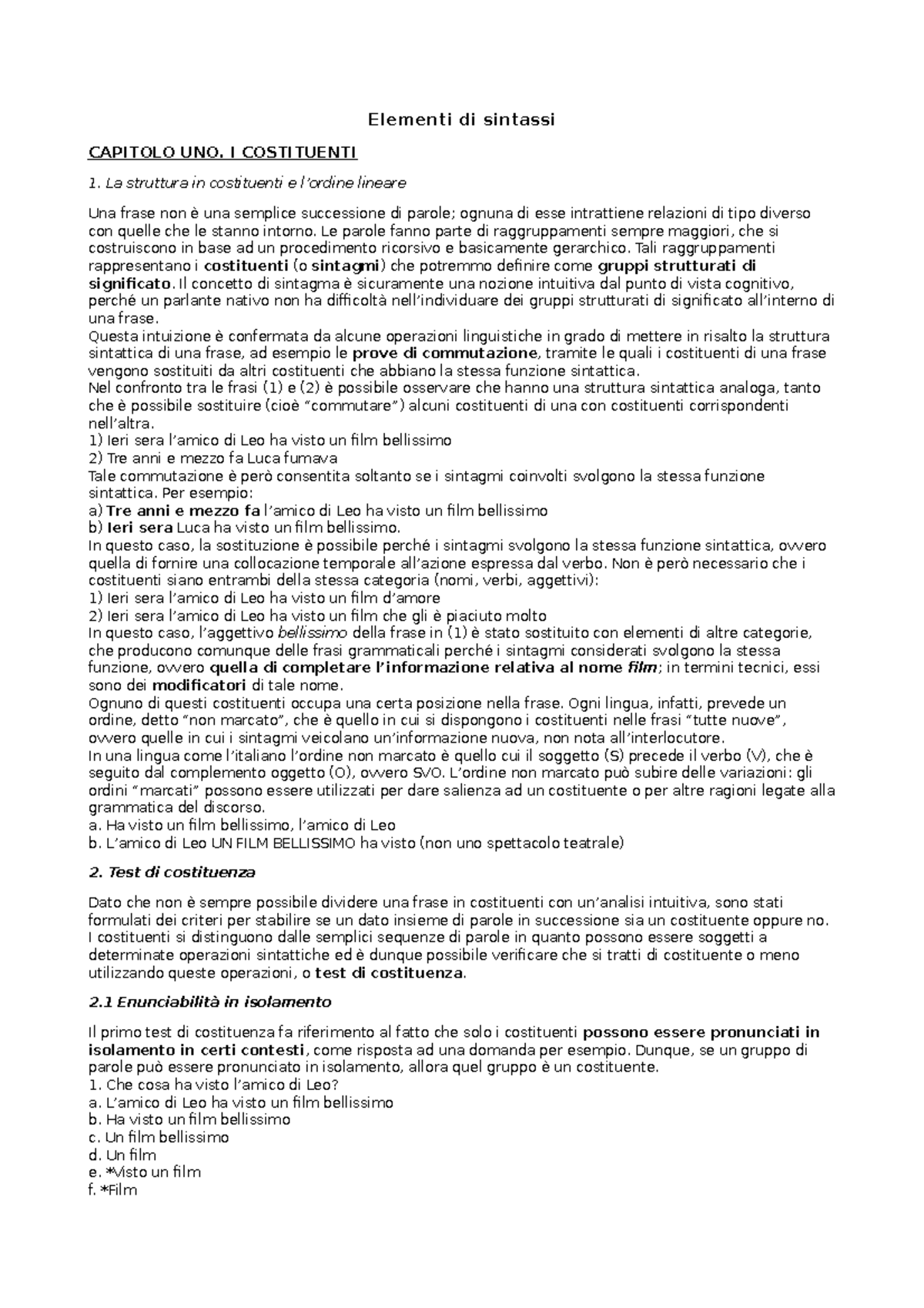Elementi di sintassi - Elementi di sintassi CAPITOLO UNO. I COSTITUENTI ...