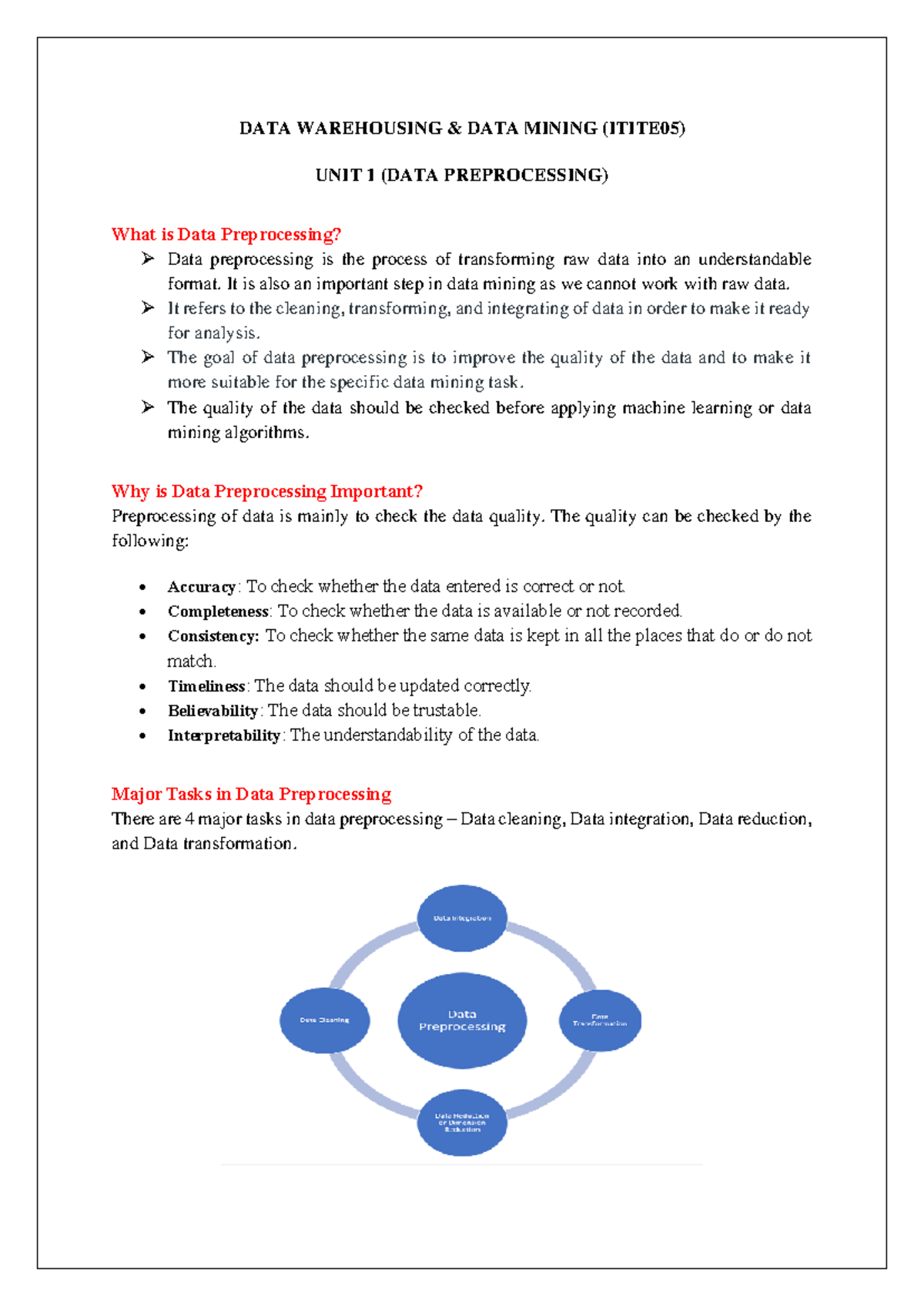 DATA Warehousing UNIT 1 - DATA WAREHOUSING & DATA MINING (ITITE05) UNIT 1 (DATA PREPROCESSING ...