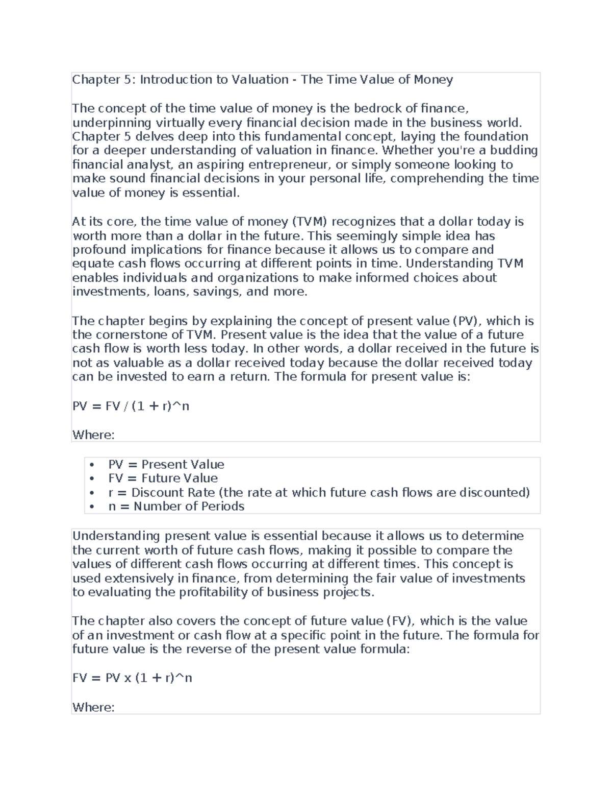 Chapter 5 - Summary - Fundamanental of Corporate Finance - Chapter 5: Introduction to Valuation ...