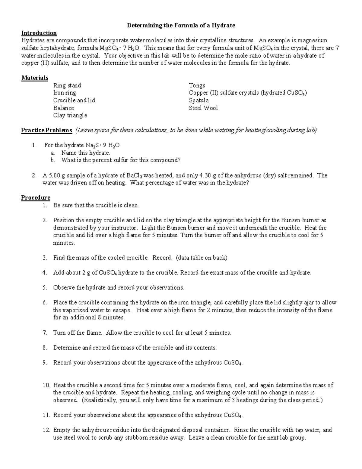 Annotated-2015 %20Hydrate%20lab.docx - Determining the Formula of a ...