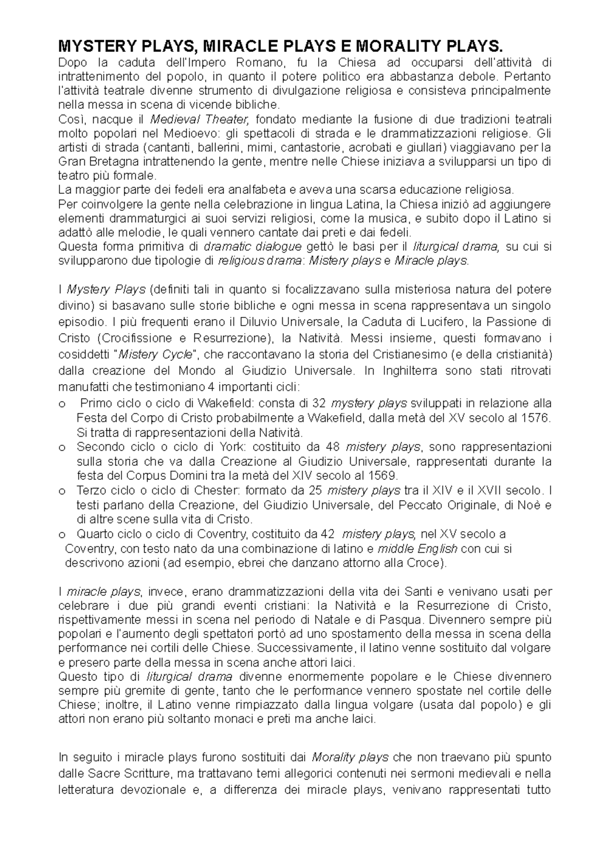 MIRACLE, MISTERY AND MORALITY PLAYS- FROM MIDDLE AGE TO GLOBE - MYSTERY ...