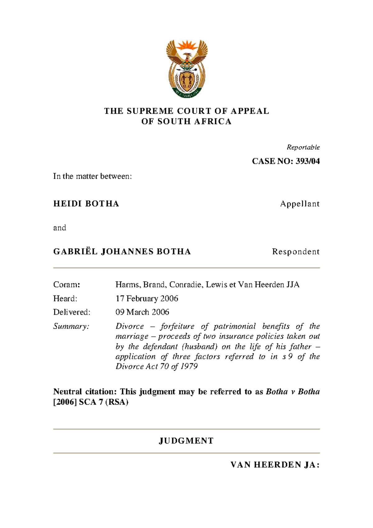 Botha v Botha Case FAMILY LAW - THE SUPREME COURT OF APPEAL OF SOUTH ...