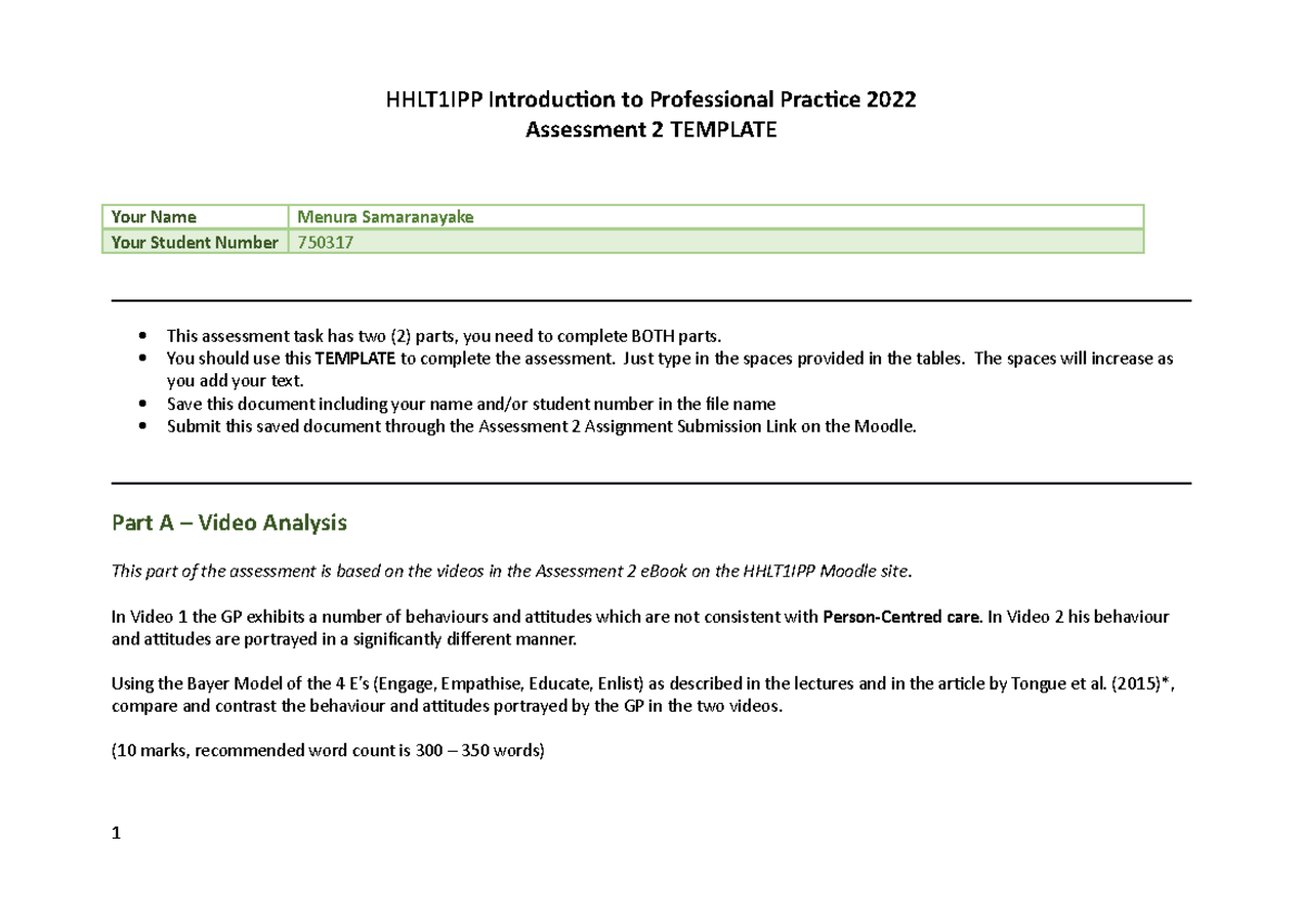 IPP Assessment 2 Template - HHLT1IPP Introduction to Professional ...